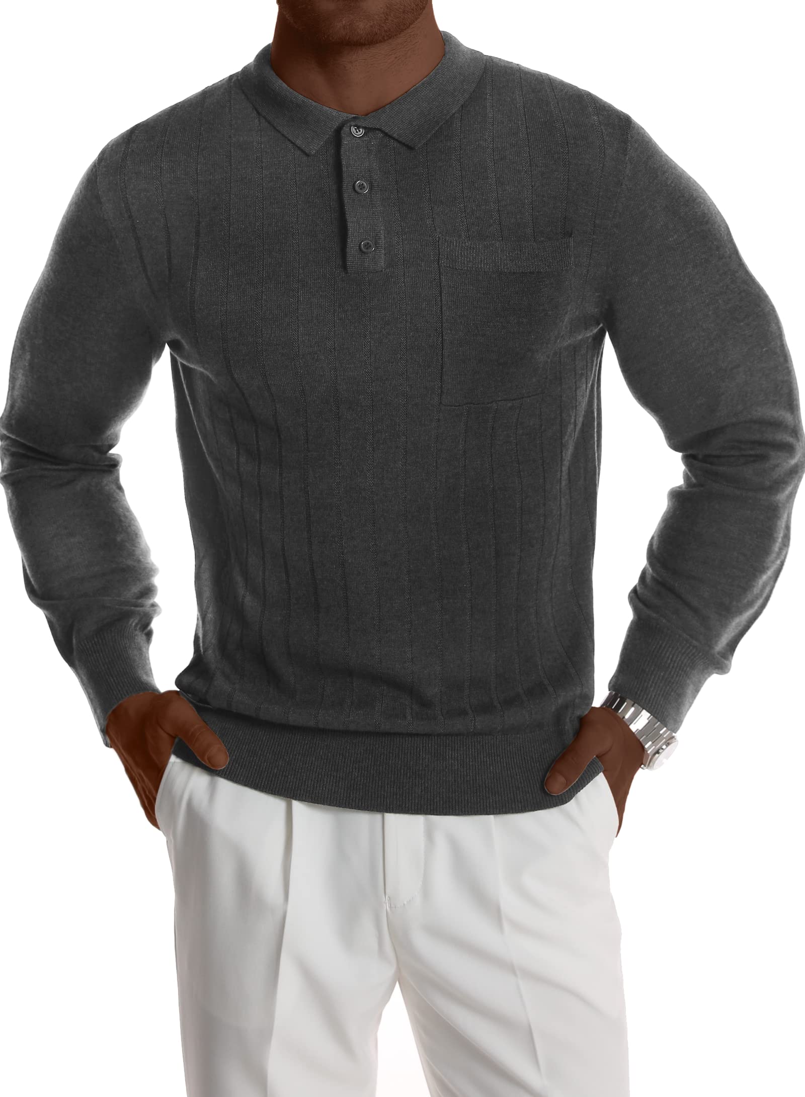 SPIEZ Merino Wool Mens Polo Shirts Collar Pullover Knitted Sweater for Men Vintage Long Sleeve Bowling Shirt Comfortable Fit Dark Grey Large