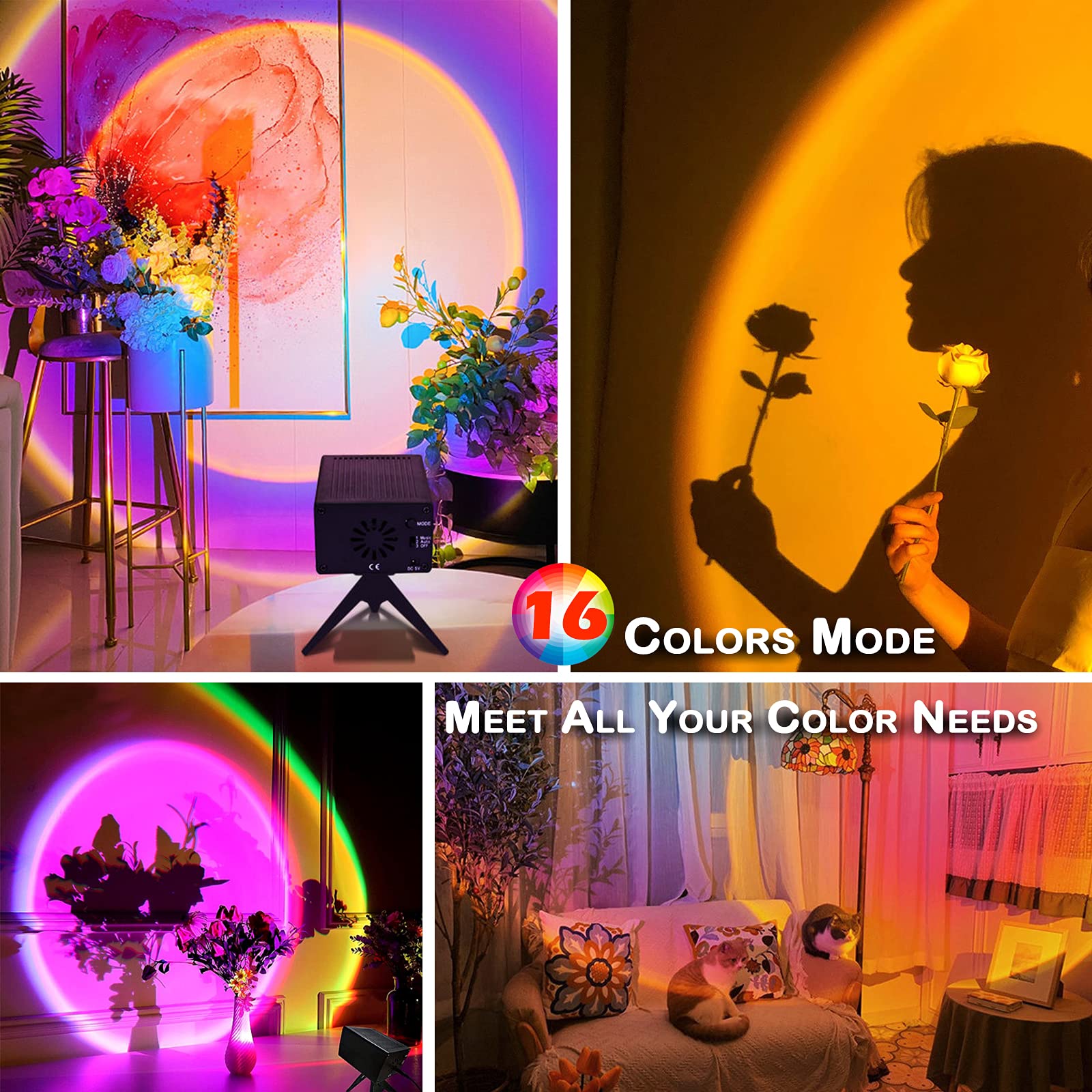 Sunset Lamp Projection, Sunset Light Projector, 16 Colors Changing Night light Romantic Ambient Light, For Youtuber Video Vlog Photography Selfie, 360° Rainbow Ring Light for Home Bedroom Studio Decor