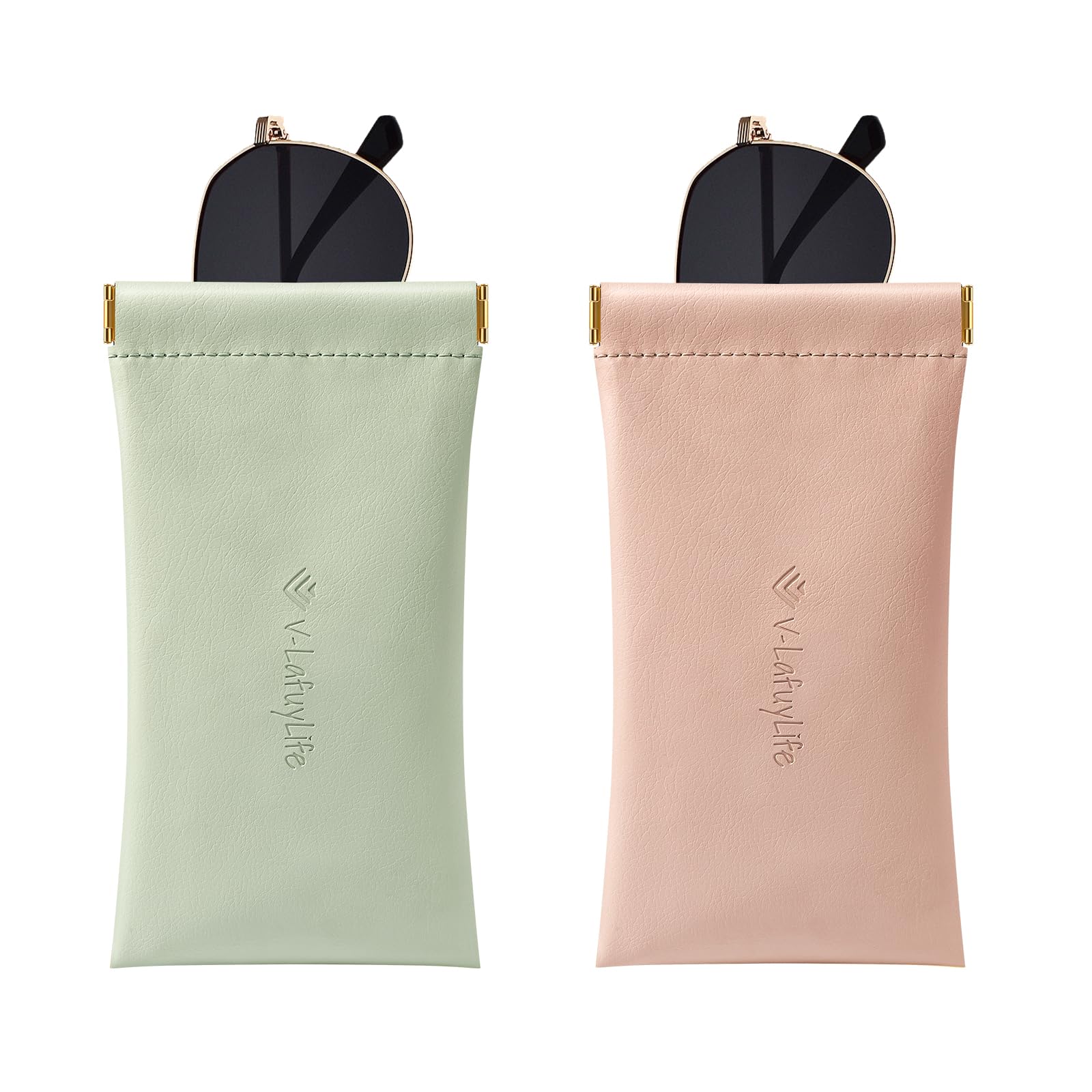 V-LAFUYLIFE Glasses Case Soft 2 Pack - Portable Leather Squeeze Top Eyeglass Case Anti-Scratch Soft Sunglasses Case for Women.(Pink/Green)