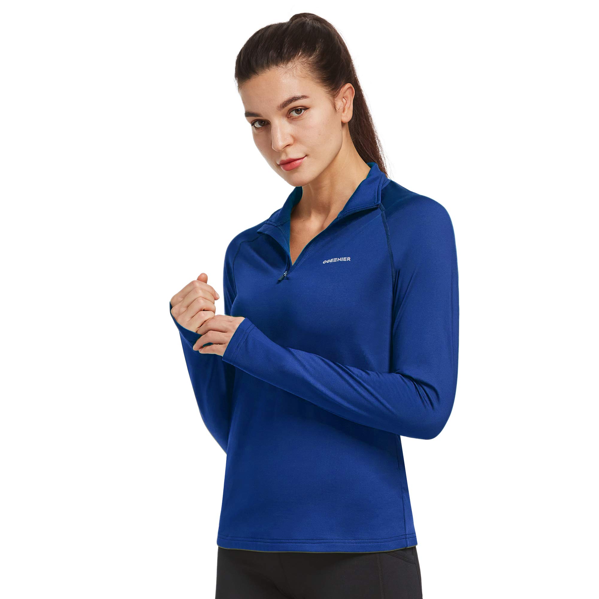 OGEENIER Women's Fleece Pullover Quarter Zip Thermal Shirts Running Long Sleeve Workout Shirts, Navy, XL