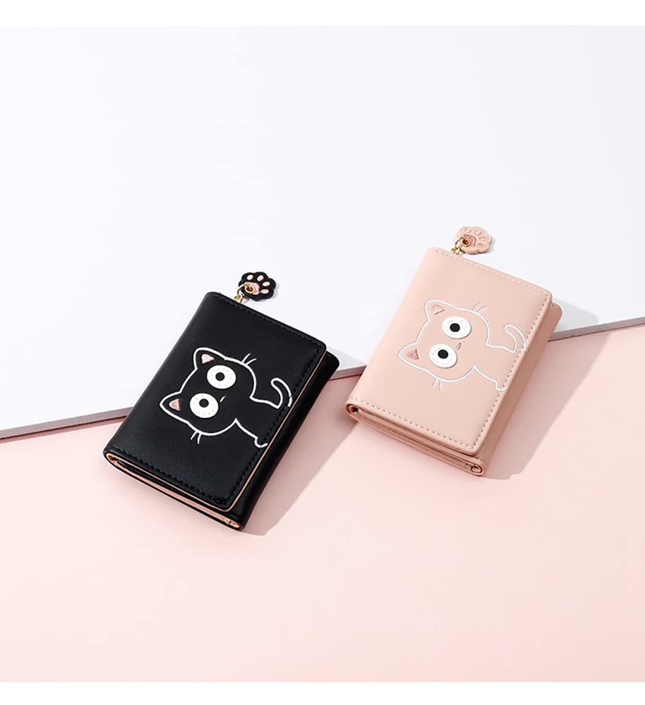 Sunwel Fashion Cute Little Cat Pattern Small Wallet Credit Card Holder Cash Pockets ID Window with Paw Pendant (BLACK, Tri-fold)