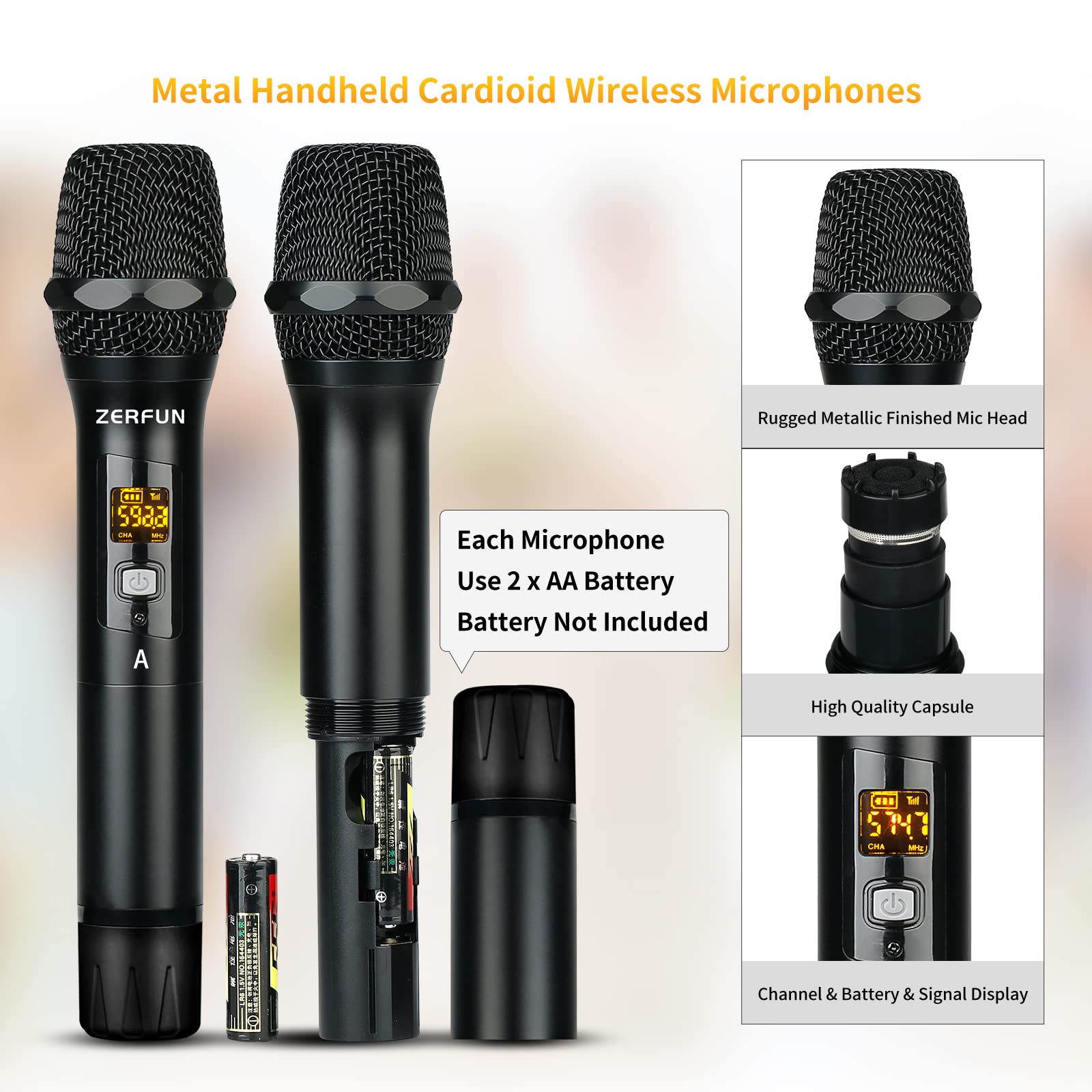 ZERFUN D-300 Wireless Microphones, UHF Wireless Microphone System, Dual Metal Handheld Wireless Mics Cordless Microphone for Singing Karaoke Church Conference, 100 UHF Adjustable Frequency, 200FT