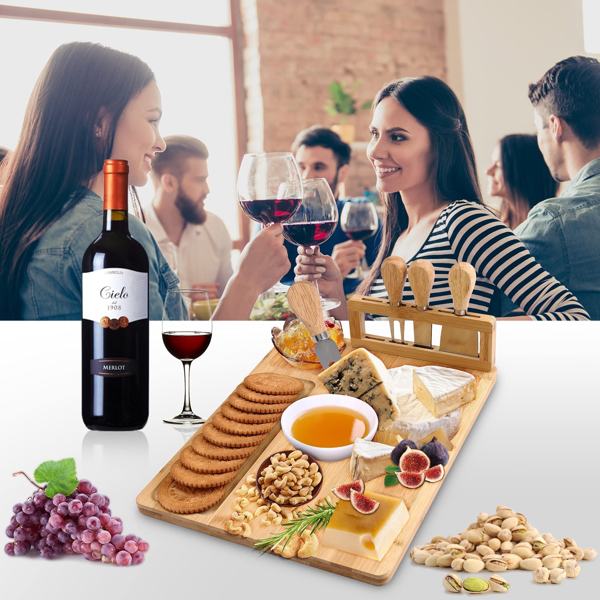 TWGDH Bamboo Cheese Board Set Including 4 Stainless Cutlery Set, Charcuterie Board And Serving Tray For Entertaining Or Gift (Rectangle Version)