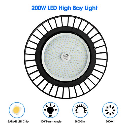 PLUSOVER LED High Bay Light 200W High Bay Light with Bright Lighting 28000LM(140LM/W) 5000K Daylight Black Waterproof UL Plug Fixture for Barn Garage Warehouse Gym