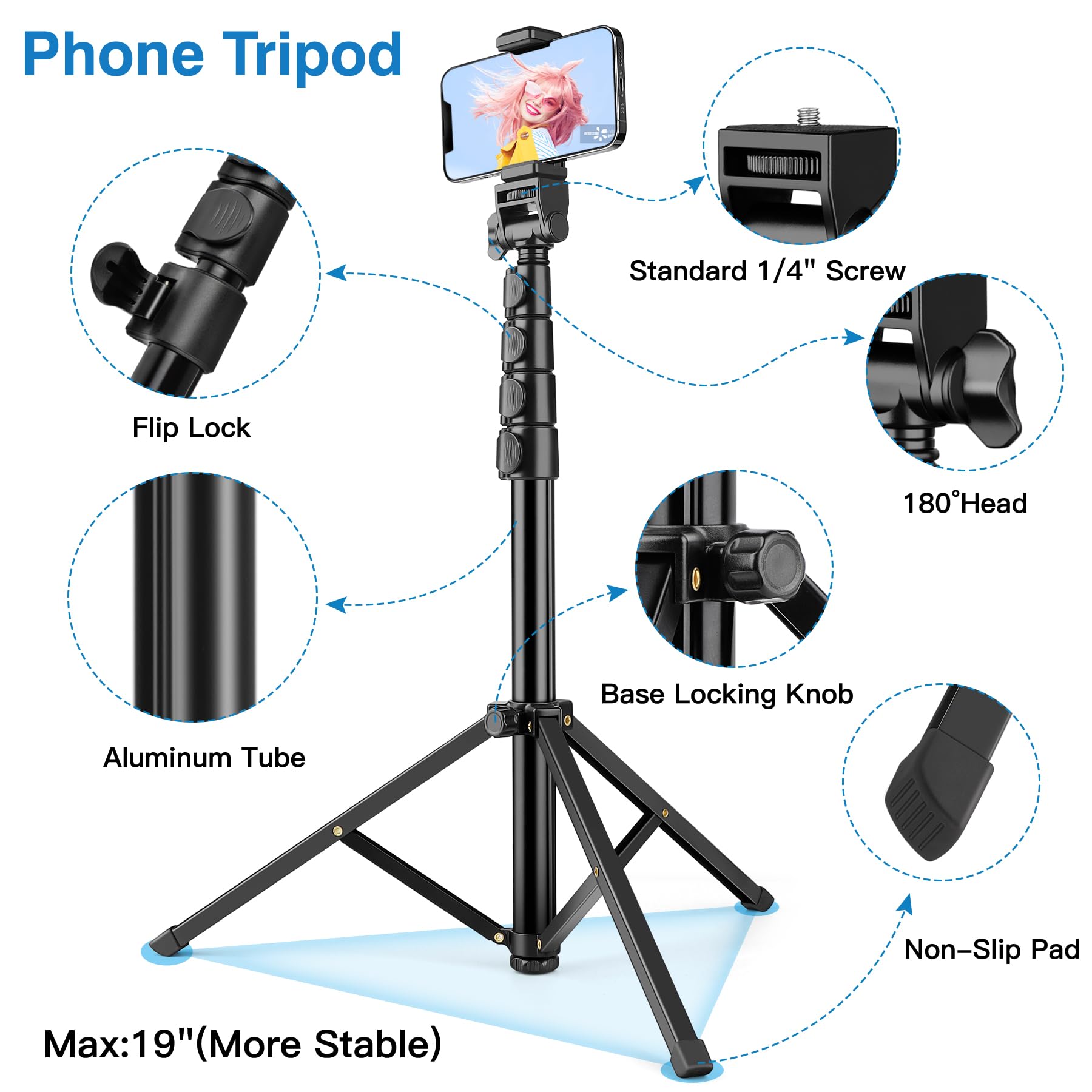 Phone Tripod, 80" Tall Tripod for iPhone with 13" Adjustable Gooseneck, Cell Phone Tripod with Remote and Phone Holder, Overhead Tripod Stand for iPhone 15 14 13 12 Android Phone