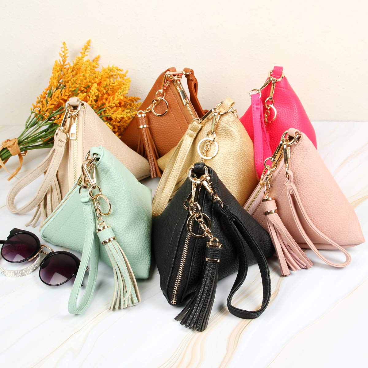 Triangle Vegan Leather Wristlet Clutch Purse Handbag - Pyramid Evening Cocktail Pouch Wallet Detachable Strap & Tassel Charm (Baby Blue) One Size