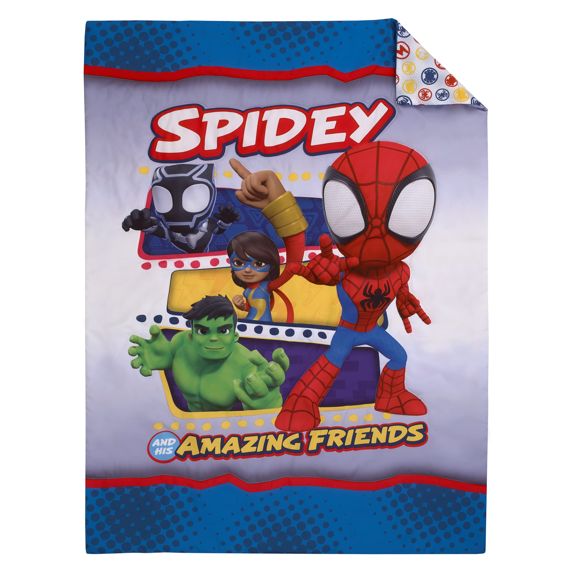 NoJo Marvel Spidey and His Amazing Friends Blue, Red, Yellow, and Green, Team Up 4 Piece Toddler Bed Set - Comforter, Fitted Bottom Sheet, Flat Top Sheet, and Reversible Pillowcase