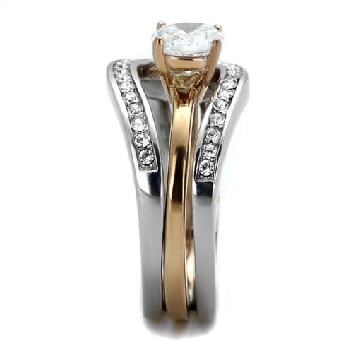 Nationalonlinediscounts Stainless Steel Rose Gold IP 2 Piece Horseshoe Wedding Engagement Ring Set with Round CZ Zirconia Size 5,6,7,8,9 & 10 (7)