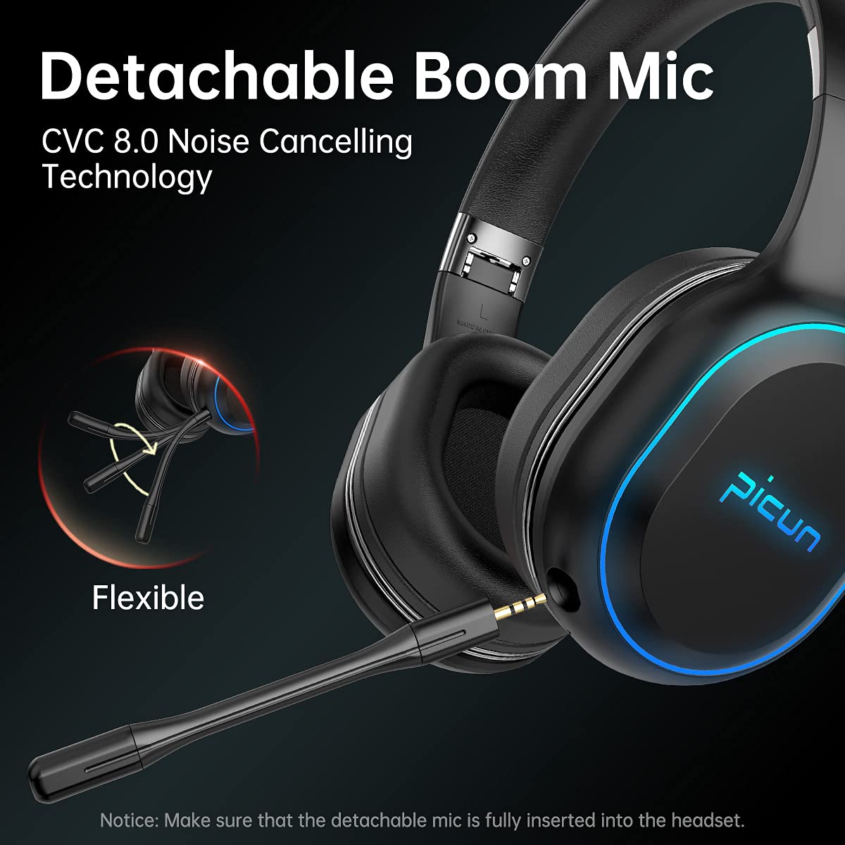 Picun P80-XH Bluetooth Gaming Headset, Dual-Driver Wireless Headphones Only for Phone, 3.5mm Cable Wired for X-Box, PS4, PS5, 30H Playtime with RGB Light, Hi-Fi Stereo Immersive Vibrating Gaming Sound