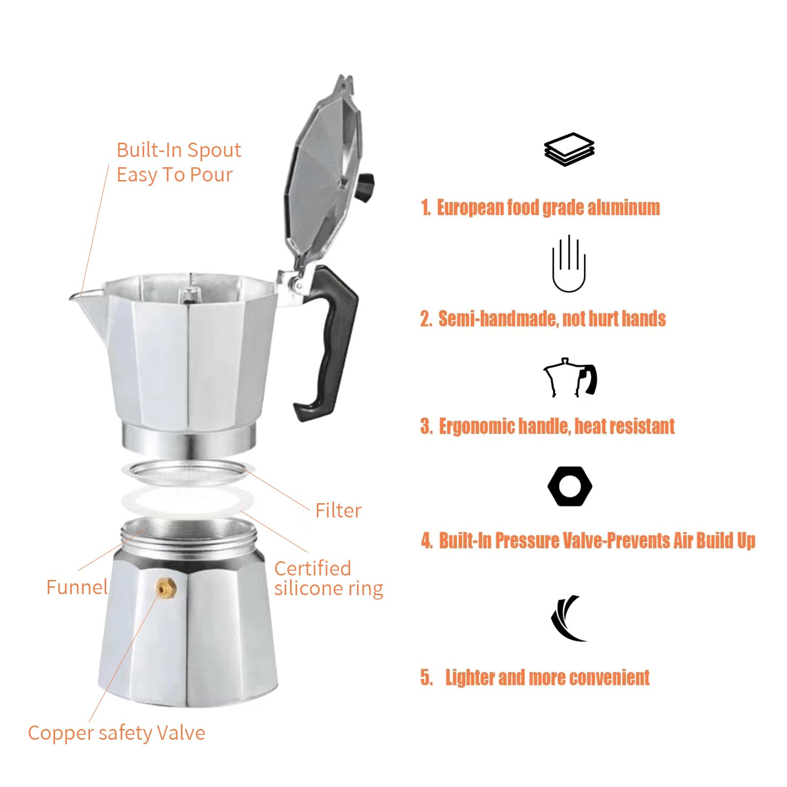 MVPLUE Classic Moka Pot 6 Cup 9 oz,Stovetop Espresso Maker Aluminum Silver,Cuban Coffee Maker, Greca,Make Delicious Coffee Easily at Home