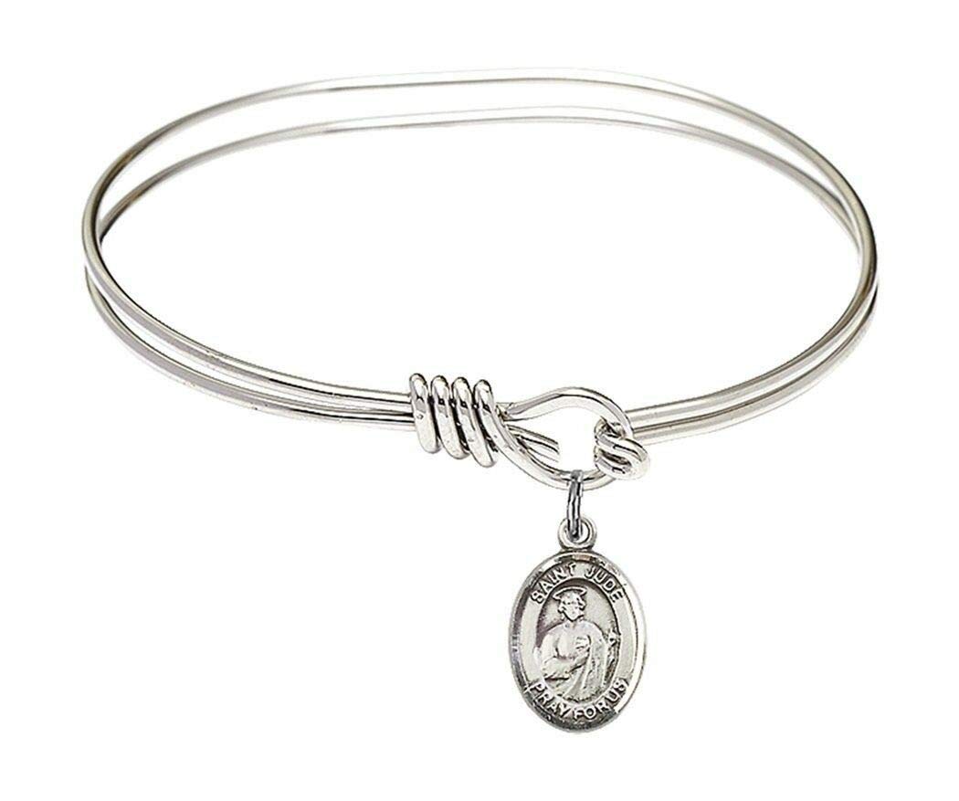 RIF storE Silv-r Tone Eye Hook Bangle Bracelet with Saint Jude Thaddeus Charm, 5 3/4 Inch