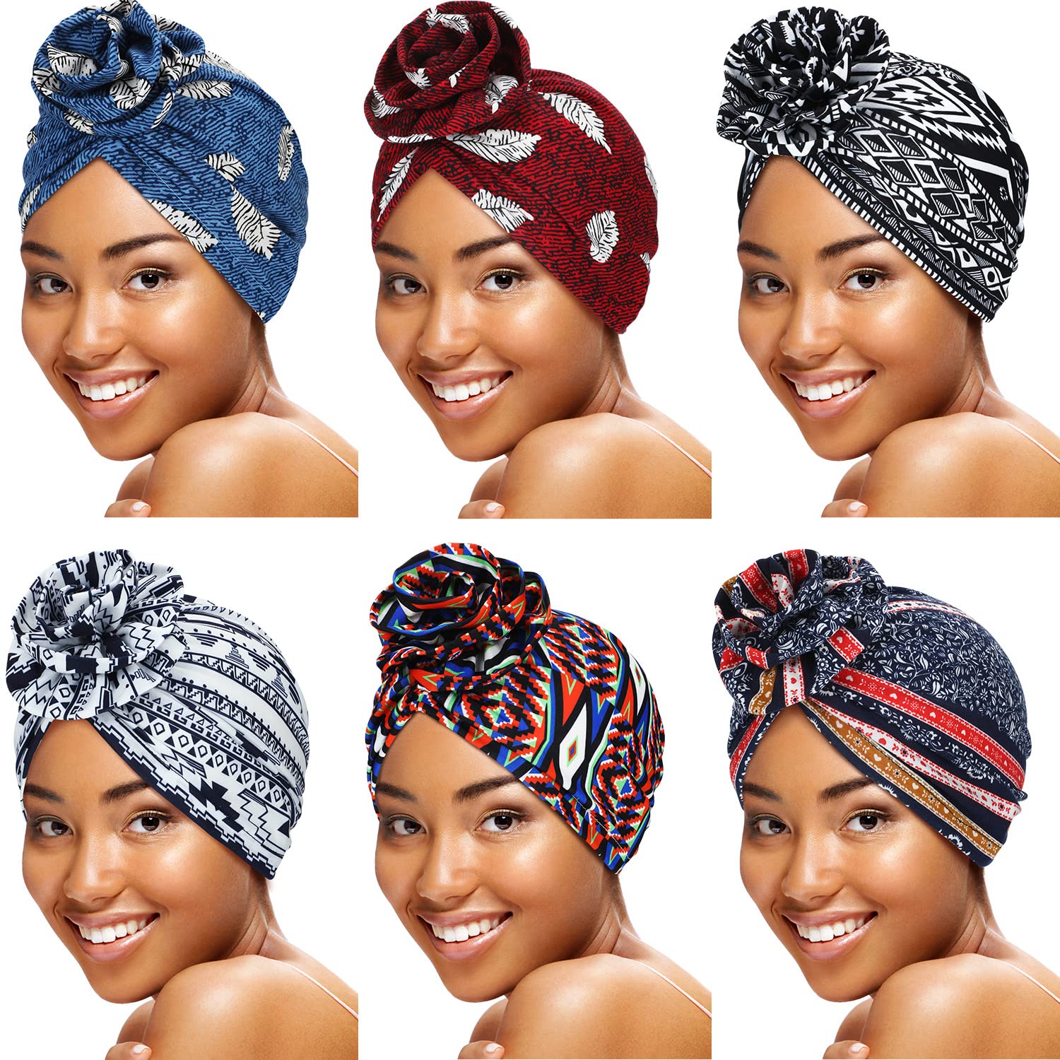 SATINIOR 6 Pieces Women Turbans African Pattern Knot Headwrap Pre-Tied Bonnet for Women Girls Multicoloured