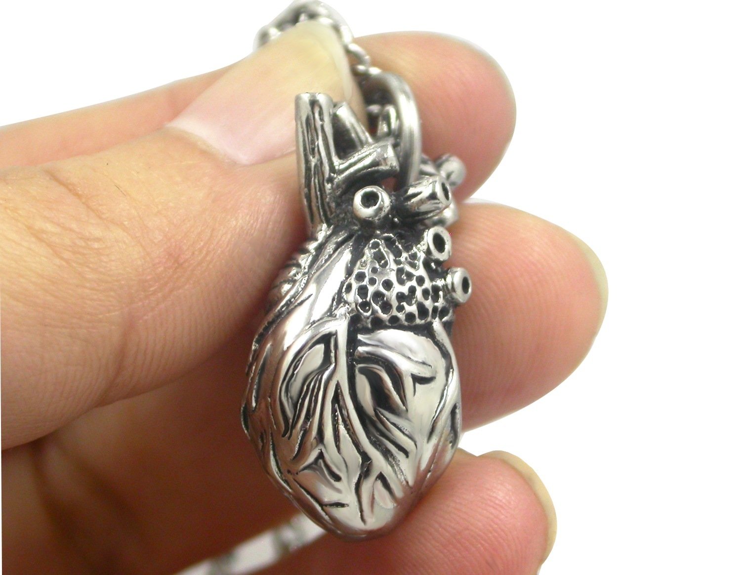 Pearlina Anatomical Heart Necklace Man or Woman 3D Pendant Oxidized Antique-Finish Stainless Steel, 24"
