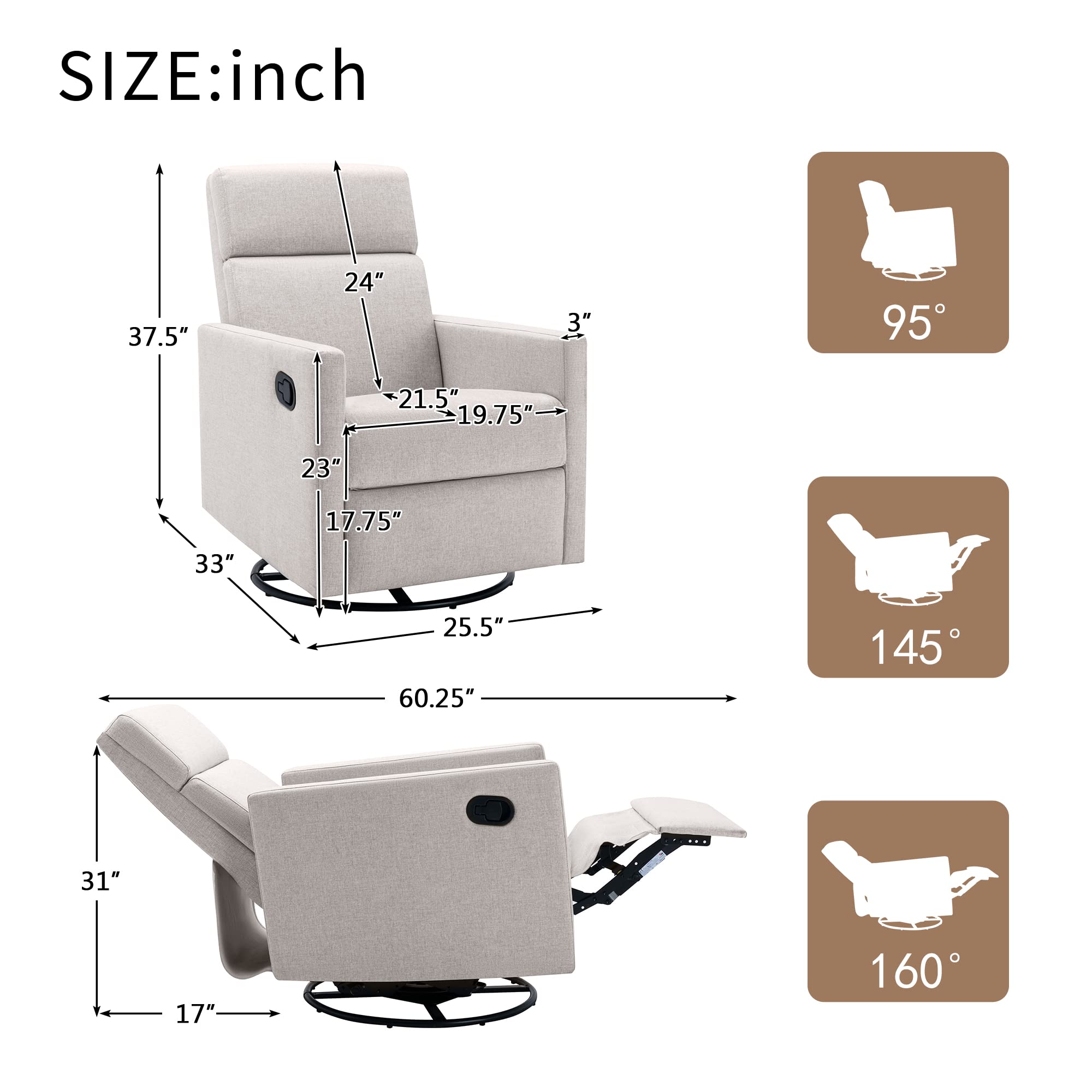 NCKMYB Modern Swivel Glider Recliner Chair, Linen Upholstered Reclining Sofa Chair Rocker Recliner for Living Room Home Office (Tan)
