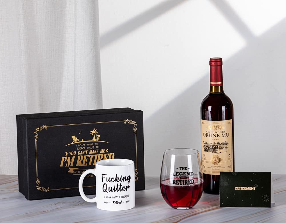 PUGED Unique Retirement Gift for Men Gifted Package Set 11 oz Coffee Mug and 18 oz Stemless Wine Glass Funny Male Retired Idea Goodbye Gift for Coworkers Office, Grandpa, Dad and Husband