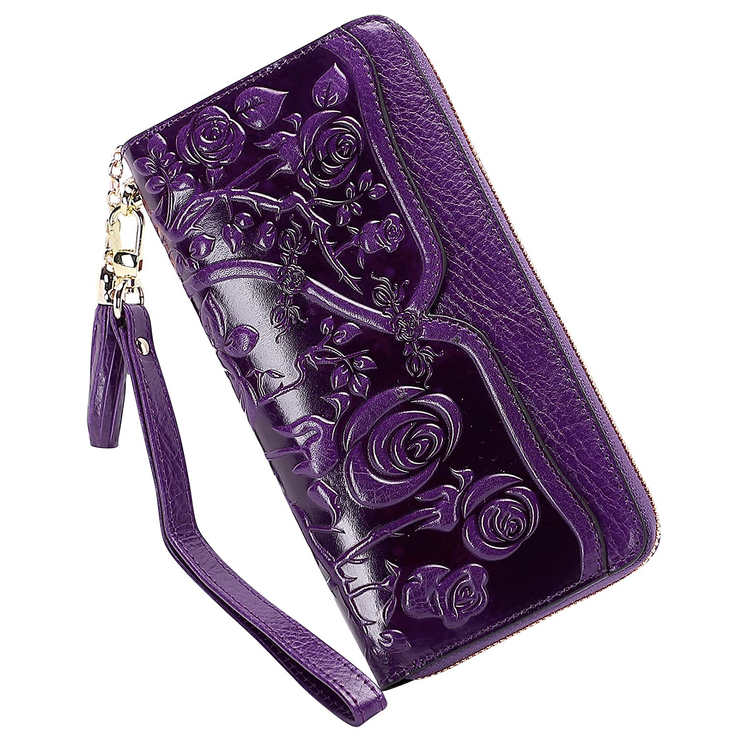 PIJUSHI Designer Genuine Leather Floral Top Handle Satchel Handbags Bundle with Floral Wristlet Wallet with Tassel