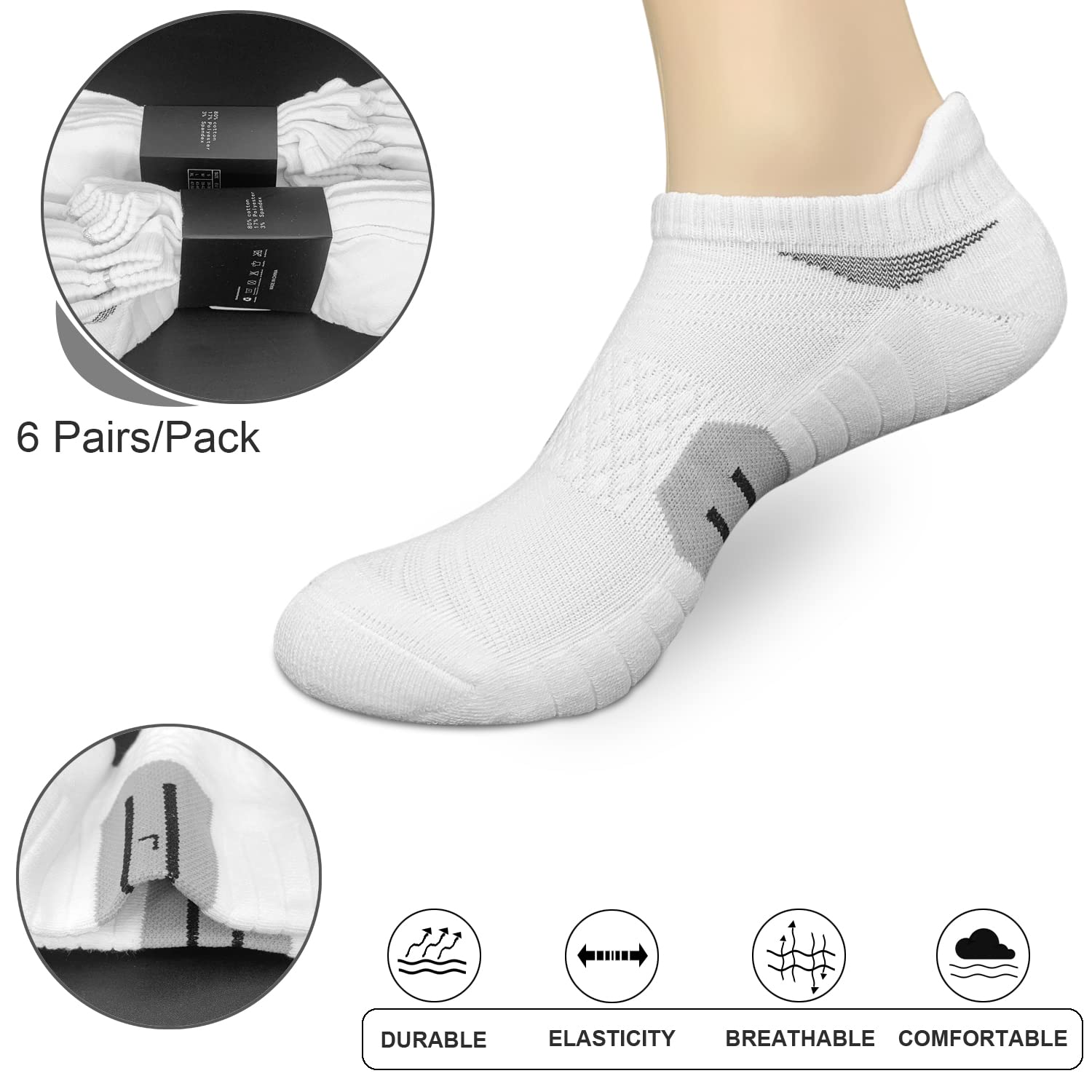 UTYOAA Mens Ankle Socks No Show Running Athletic Low Cut Socks Cushioned Socks 6 Pairs 9-12 White
