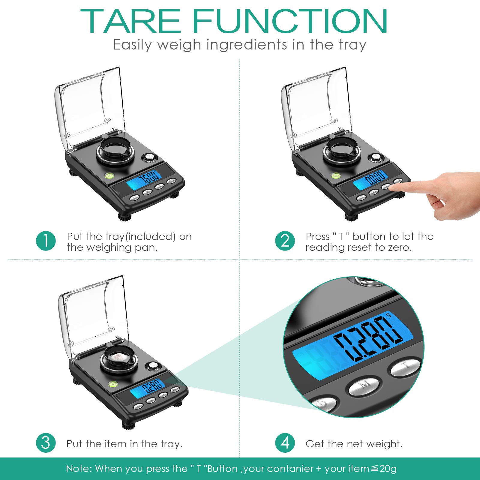 ORIA Digital Pocket Scale, Digital Milligram Scale, 0.001g/ 20g Mini Jewelry Weigh Scales with Calibration Weights Tweezers, Weighing Pans, LCD Display, USB Charging Cable for Kitchen, Office