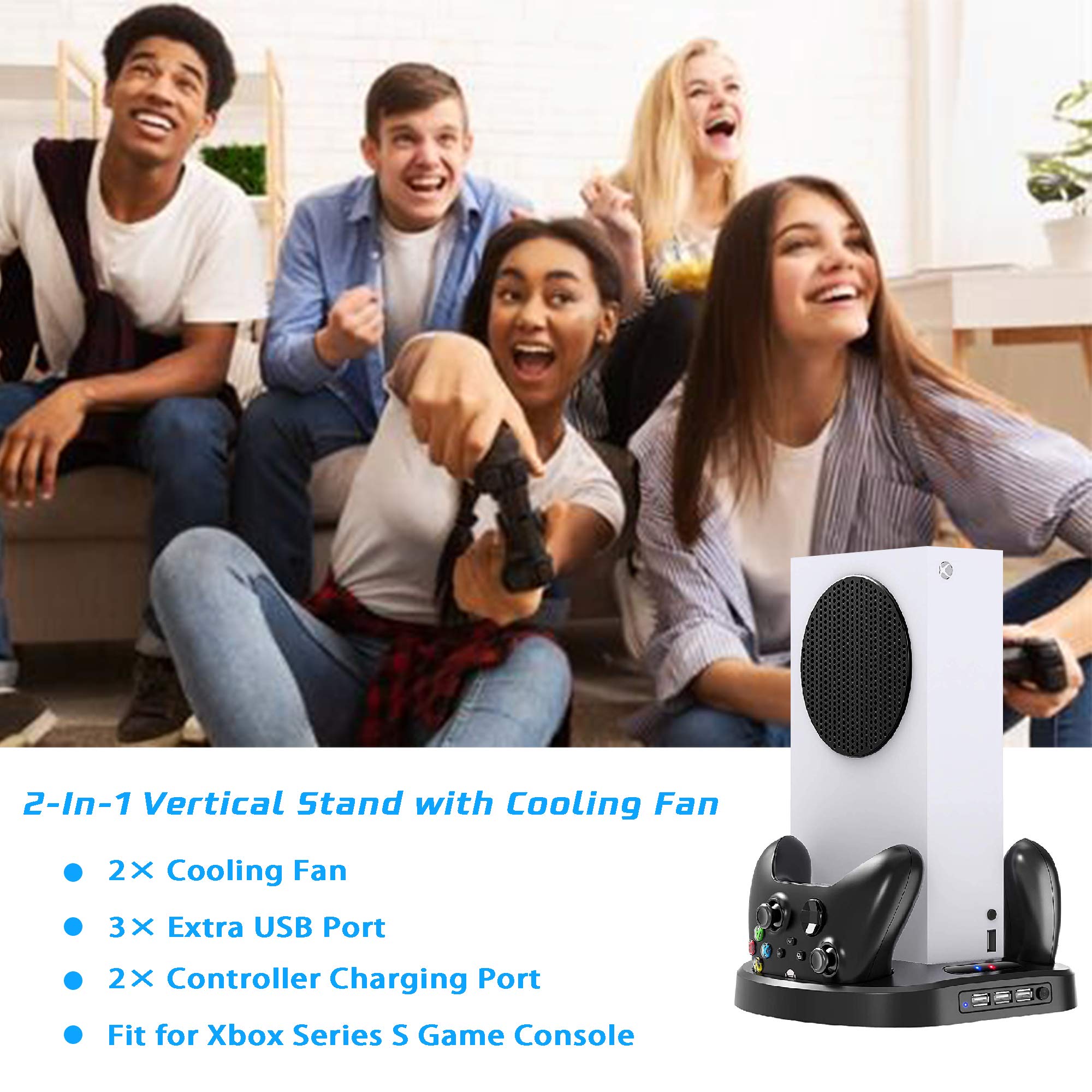 RHOTALL Cooling Fan for Xbox series S controller Charging Dock Station, Vertical Charging Stand with Controller Charger, LED Indicator and 3 USB Hubs