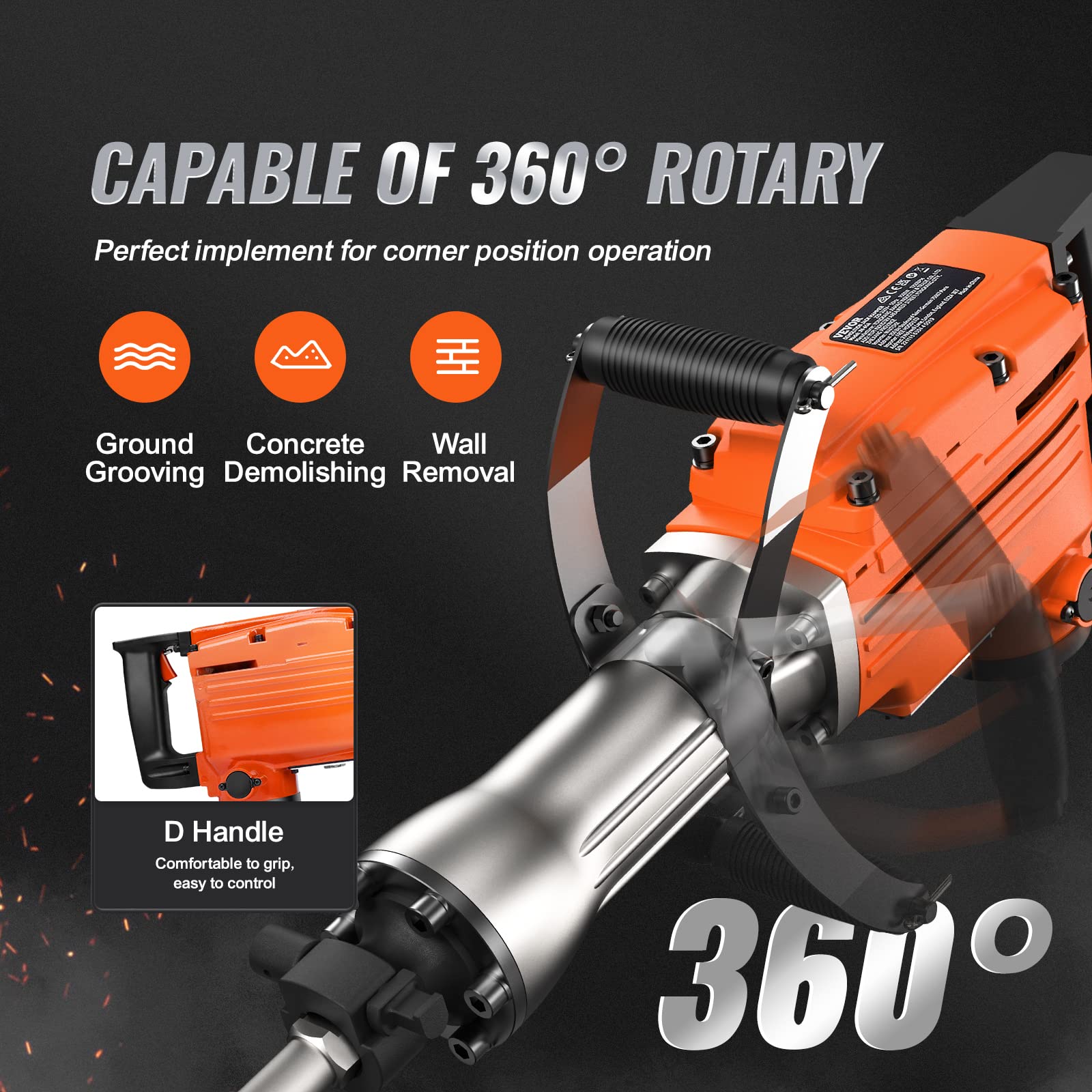 VEVOR Demolition Jack Hammer, MAX 2200W Electric Jackhammer Heavy Duty, 1350 BPM Concrete Breaker 6pcs Chisels Bit Chipping with Case