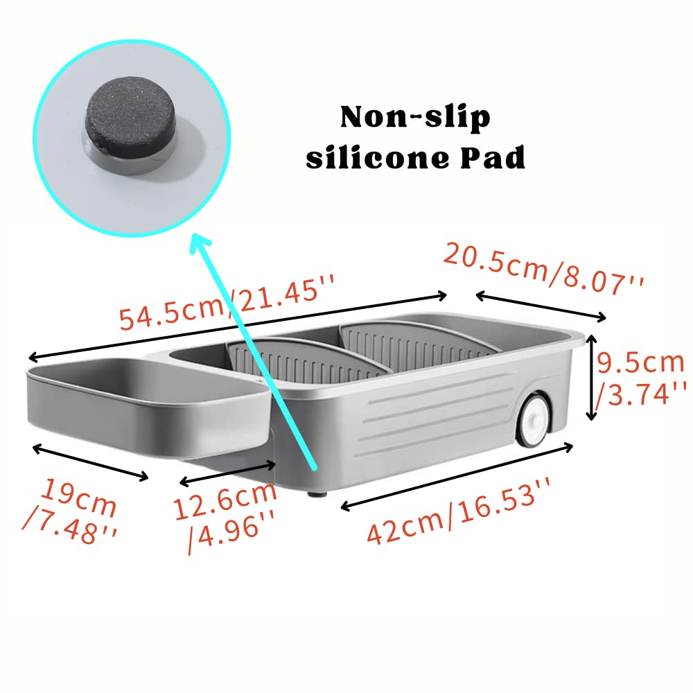 Undersink Pull Out Sliding Storage Basket, Car Shape Wheeled Cabinet Drawer Organizer for Kitchen Bathroom Sink Caddy, with Adjustable & Detachable Dividers and Side Drainer Basket, 8'' Wide Grey