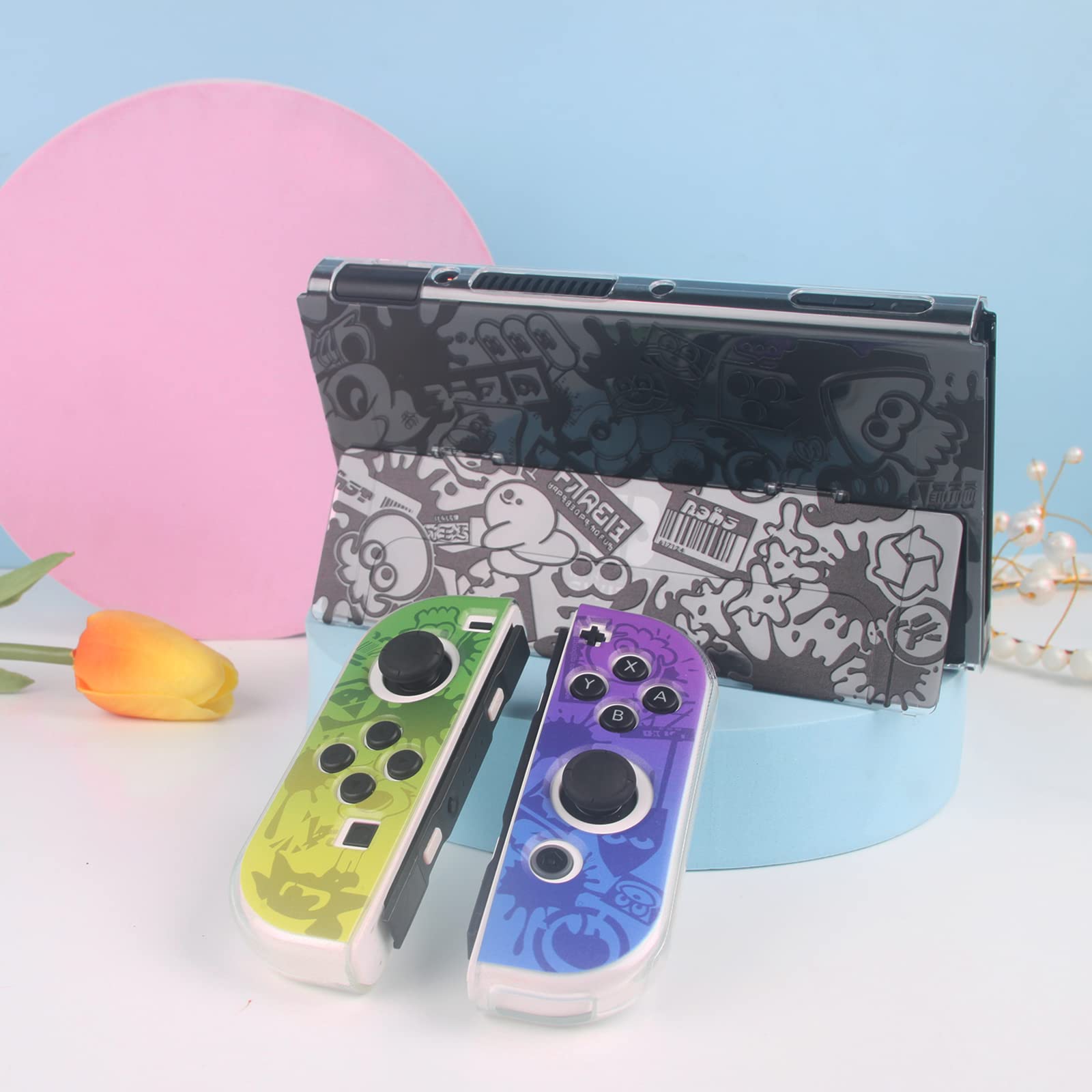 TIKOdirect Dockable Case Compatible with Switch OLED 2021, Soft Protective Cover Accessories with thumb grip caps for Switch OLED and Joy-Con Controller, Purple Cute Leaf Thumb Grips Caps, Purple