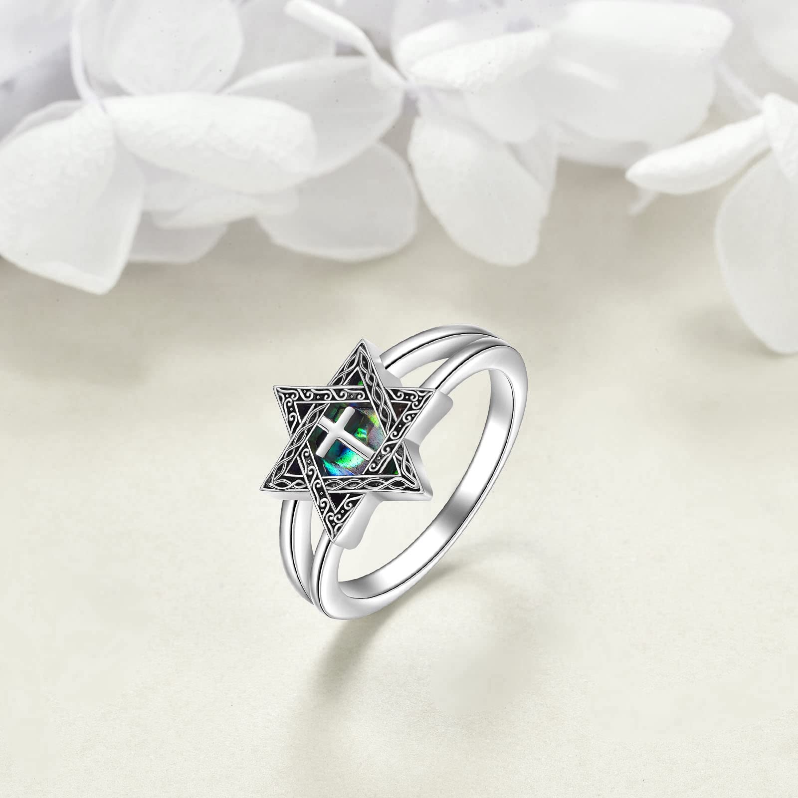Star of David Ring for Women Sterling Silver Cross Abalone Shell Jewish Jewelry 7 (cross 7)
