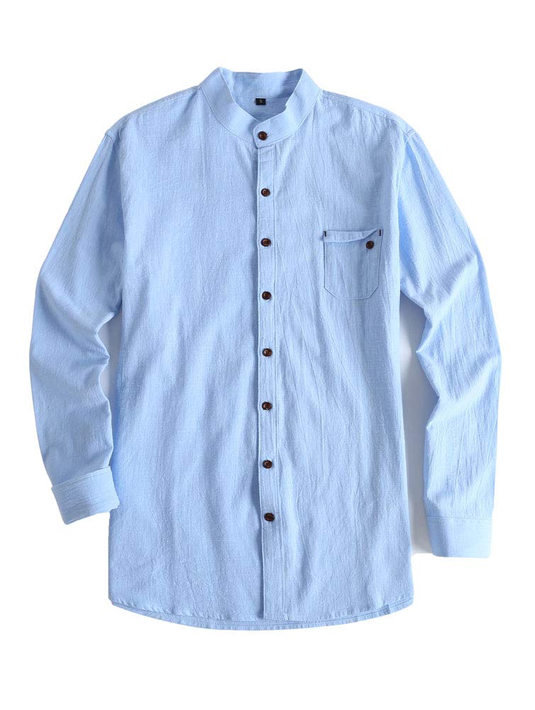 Plaid&Plain Men’s Long Sleeve Mandarin Collar Shirts Men’s Slim Fit Linen Shirt L-Blue L