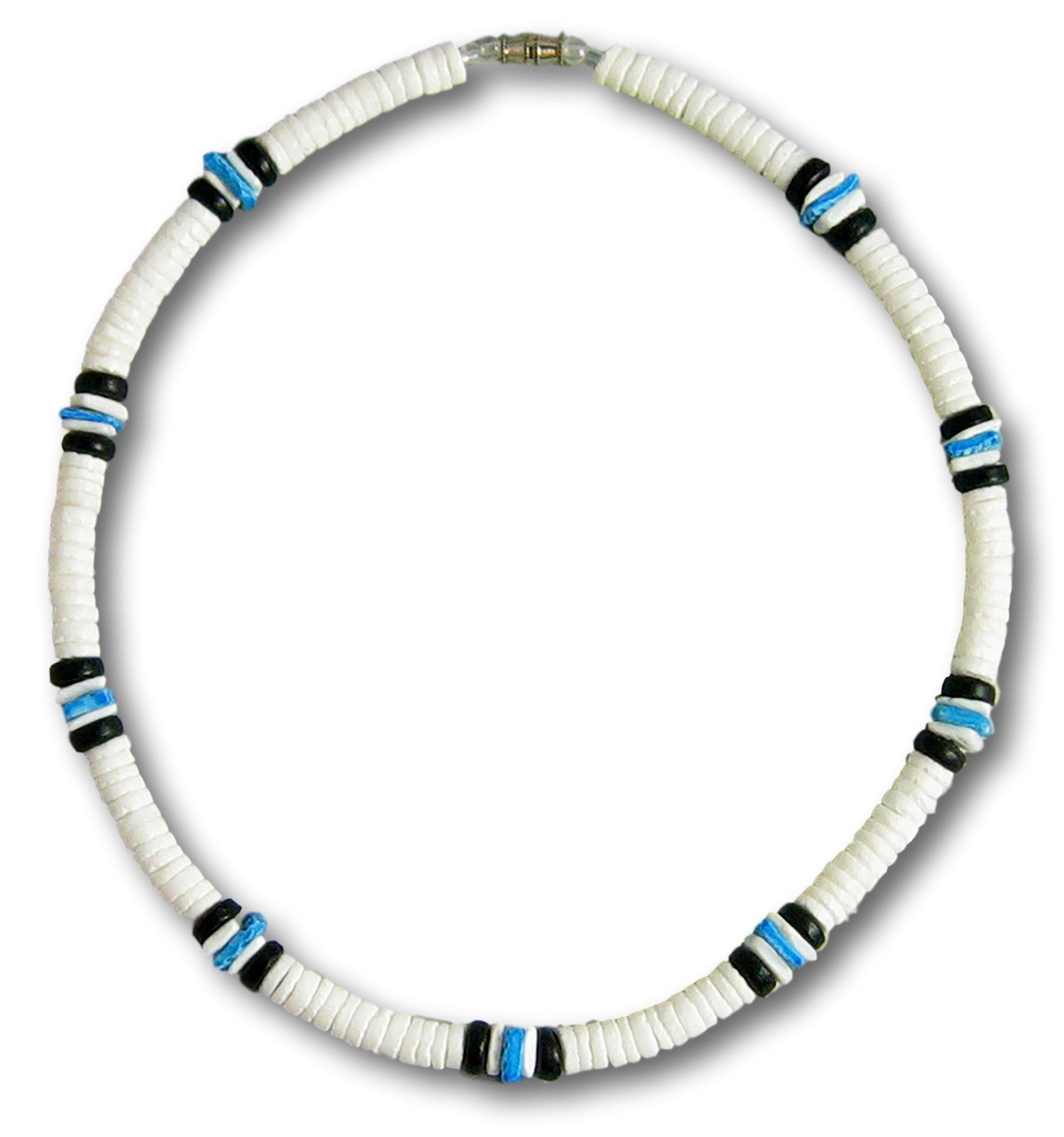 Native Treasure 15 inch Little Kid's White Clam Heishe Puka Shell Necklace Blue Chip 2 Black Coco Surfer Beach Necklace - 8mm (5/16")