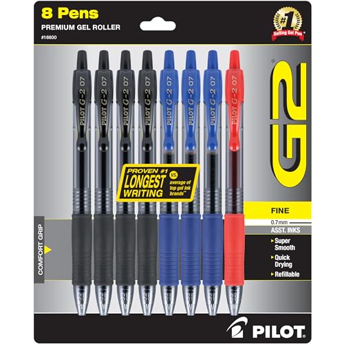 Pilot, G2 Premium Gel Roller Pens, Fine Point 0.7 mm, Blue, Black, Red, Pack of 8