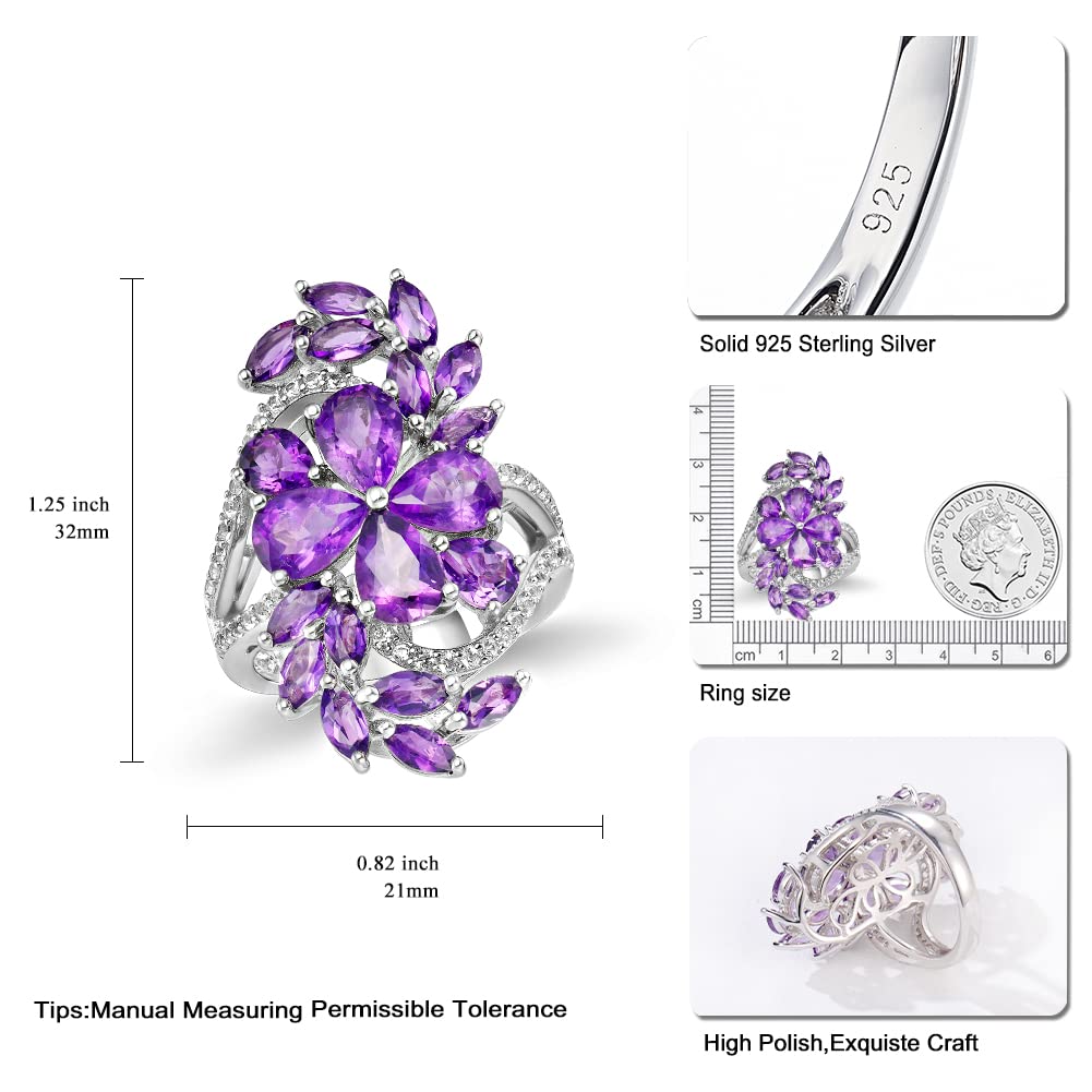 supermodel Nature Leaf Flower Ring Long Statement Cocktail Finger Accessories for Women Sterling Silver Wide Band Purple Amethyst Gemstone Ring Size 8
