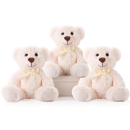 UHousDeco 3 Packs Beige Cute Teddy Bear Plush Stuffed Animals Wearing a Bow Baby Shower for Kid Gift