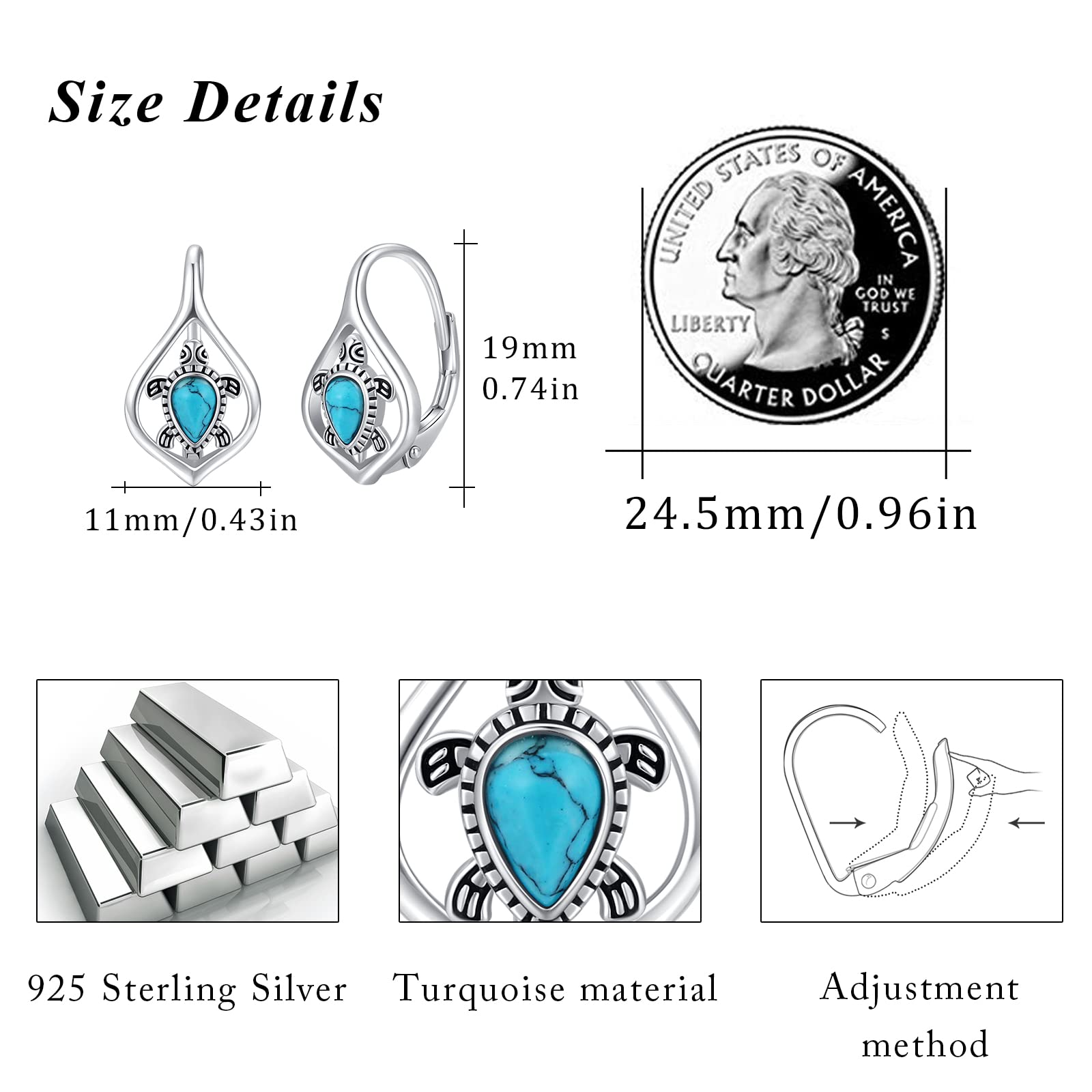 Turquoise Turtle Leverback Earrings Sterling Silver Turtle Turquoise Dangle Drop Earrings for Women Teens Birthday Anniversary