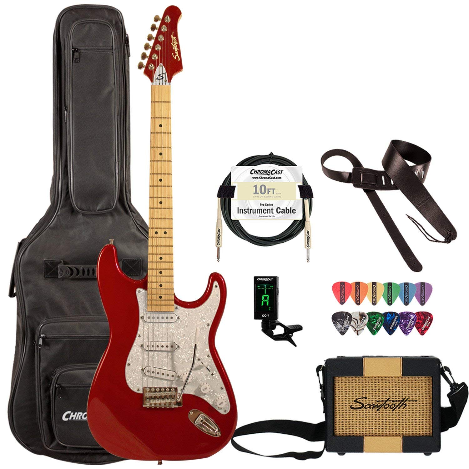 Sawtooth 6 String Electric Guitar Pack, Candy Apple Red, Right Handed (ST-ES-CARP-TRAVEL)