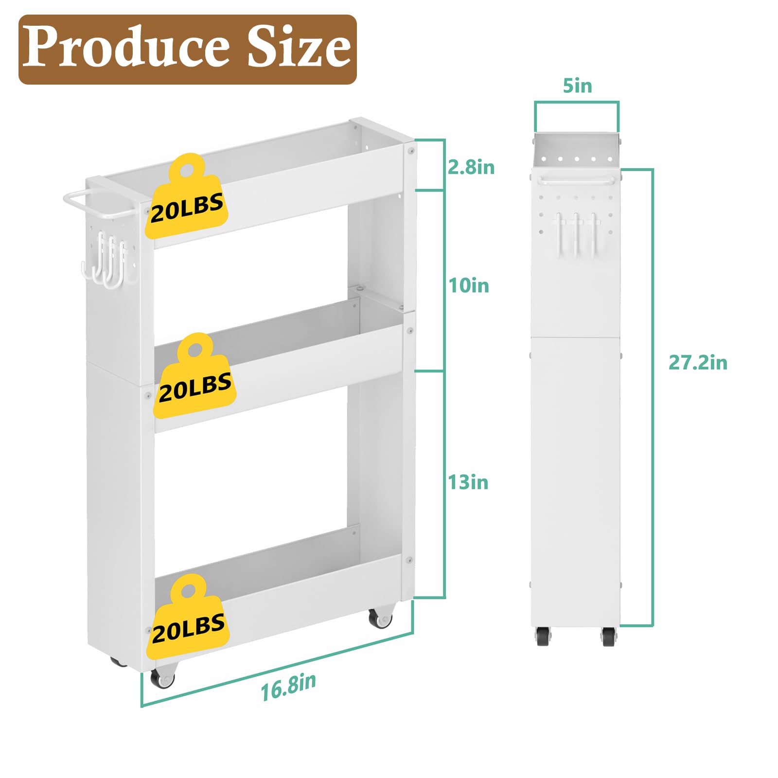 OKZEST Rolling Slim Storage Cart, 3-Tier Narrow Utility Kitchen Cart on Wheels, Metal Narrow Storage Cabinet Organizer Cart for Small Spaces in Laundry Room, Kitchen, Bathroom - 5-Inch Width