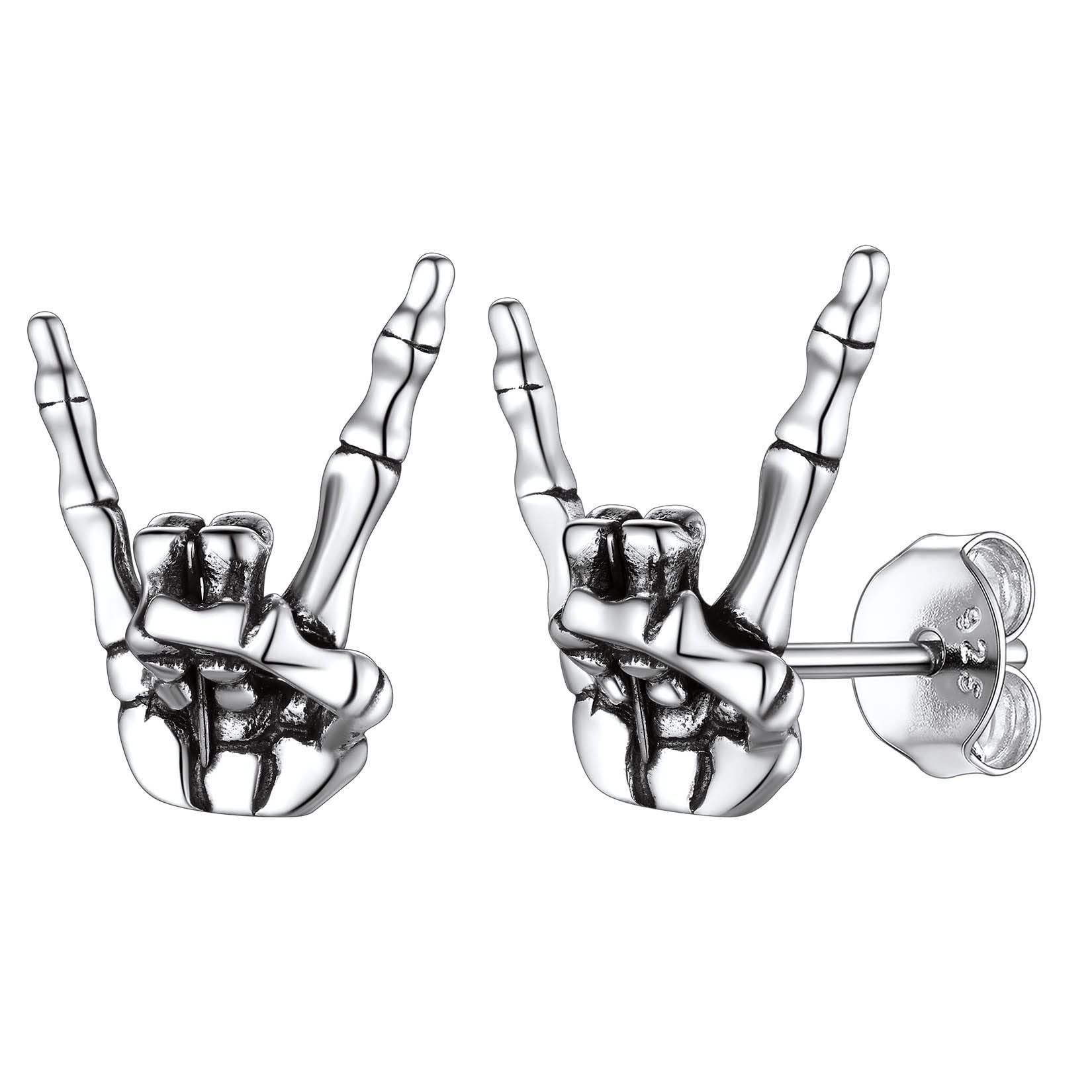 Suplight 925 Sterling Silver Rock Hand Earrings Vintage Punk Rock Earrings for Men Women