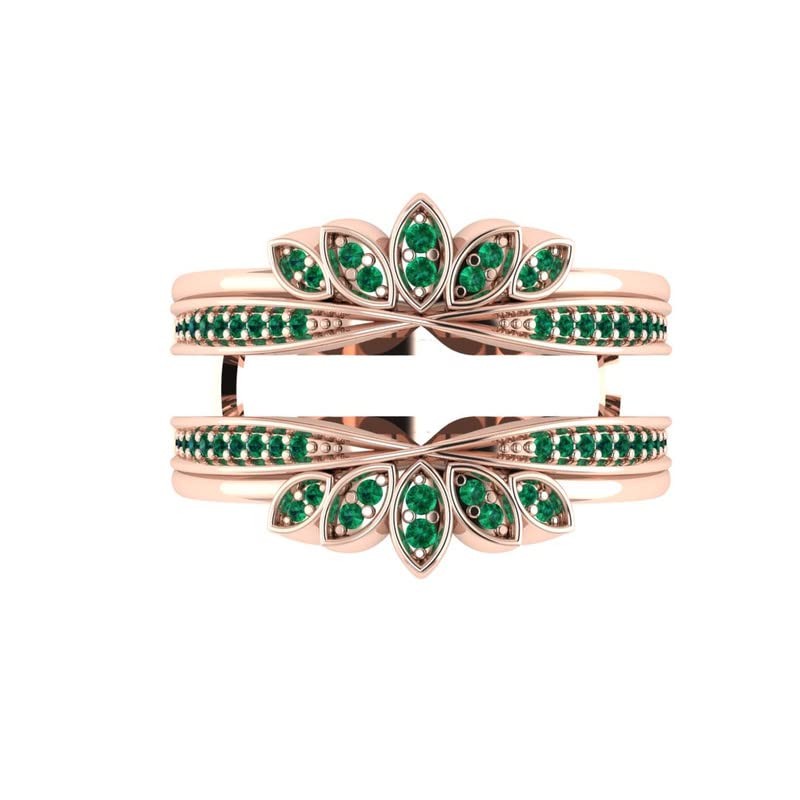tusakha 1CT Round Cut Green Emerald 14K Rose Gold & Silver Wedding Double Guard Enhancer Ring Size 8 For Women's
