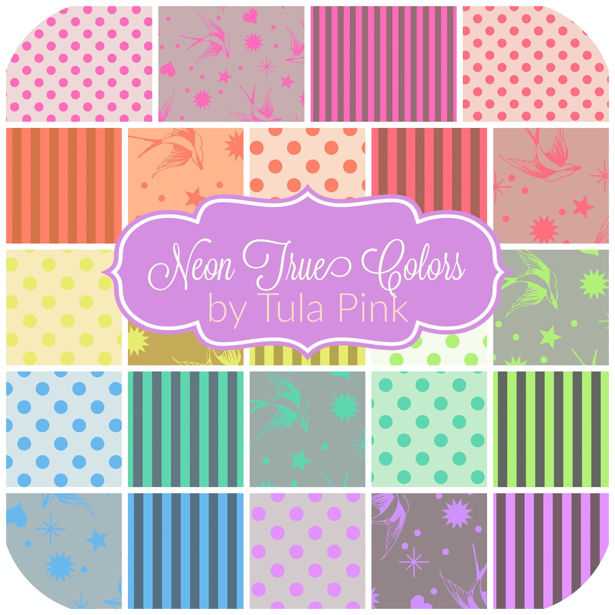 Neon True Colors Fat Quarter Bundle (24 Pieces) by Tula Pink for Free Spirit 18 x 21 inches (45.72 cm x 53.34 cm) Fabric cuts DIY Quilt Fabric