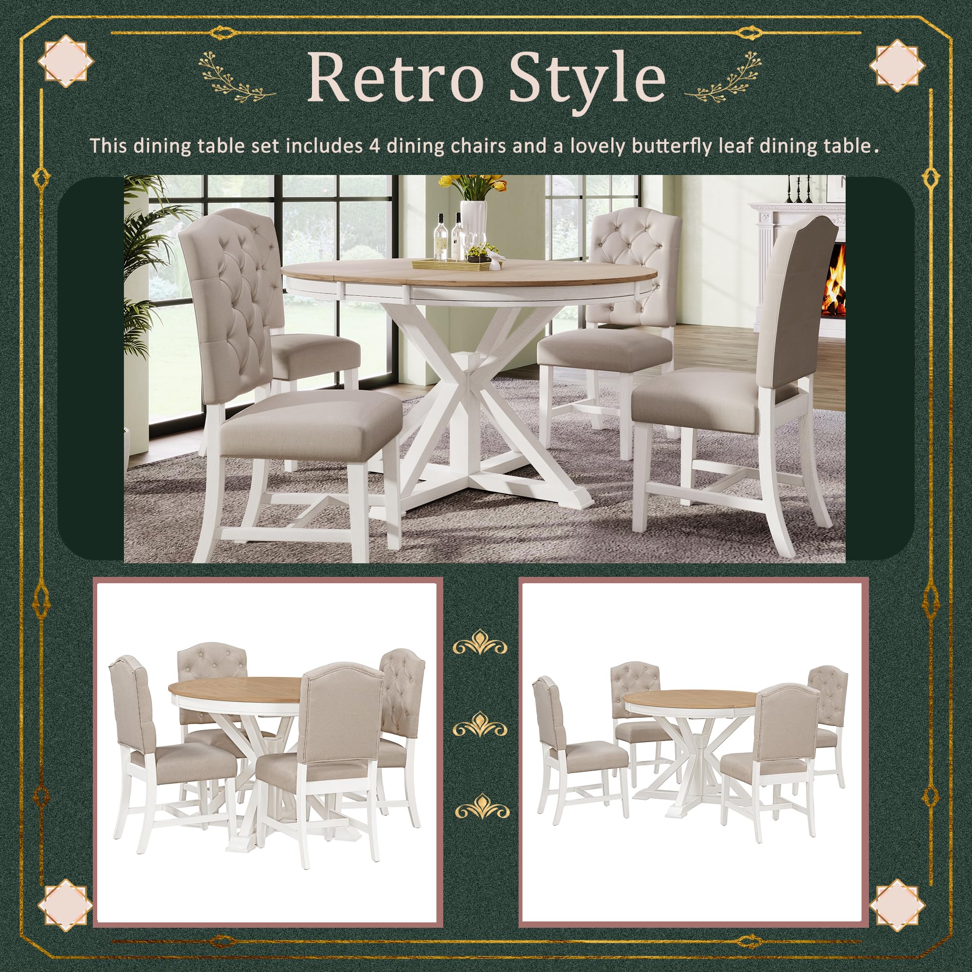 POCIYIHOME Piece Functional Furniture Extendable 4 Upholstered Chairs, Retro Style Circle Dining Table Set for Restaurant, Kitchen (Oak Natural Wood + Off White)