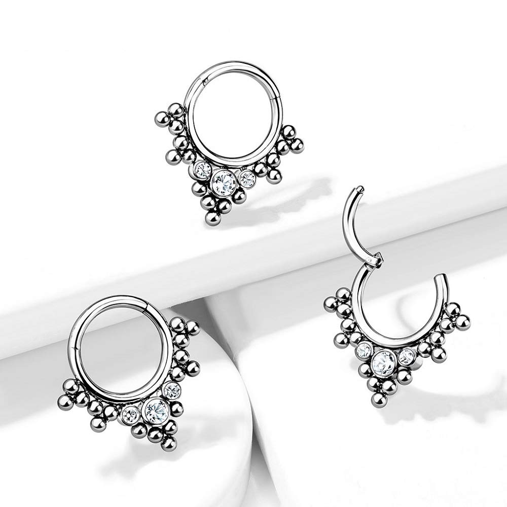Pierced Owl 16GA G23 Implant Grade Titanium Triple CZ Crystal and Ball Cluster Lined Hoop Cartilage Helix Daith Septum Hinged Segment Ring (8mm Diameter)