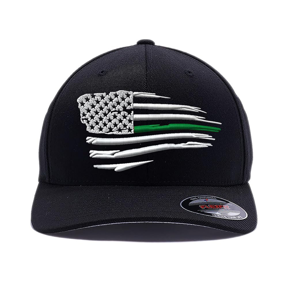 Thin Red Line and Thin Blue line Waving USA Flag. Embroidered, Flex fit 6280 Wooly Combed Twill Cap hat (Black - Blue Line, S/M)