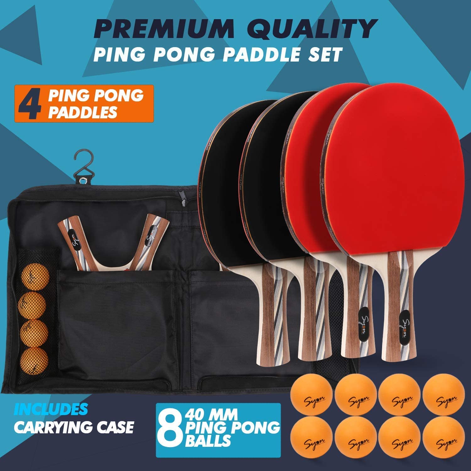 Ping Pong Paddles Set of 4- Innovative Carry Case with Hooks | 8 Balls | Pro 7 Ply Table Tennis Rackets with Accessories