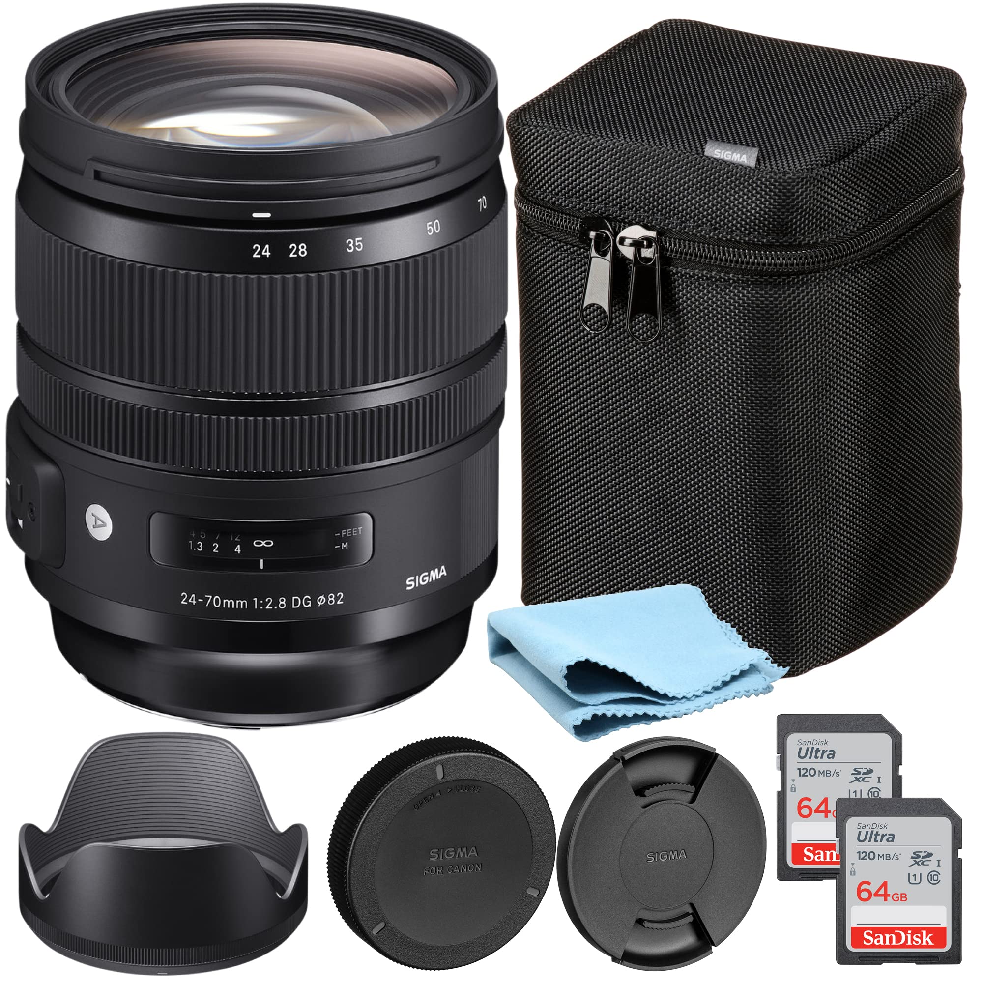 Sigma 24-70mm F2.8 Art for Canon Camera Bundle with Canon 24-70mm f2.8 Sigma Lens, Lens Front and Rear Caps, Lens Hood, Lens Case, 2X 64GB SanDisk Memory Cards (7 Items) - Sigma 24-70 24mm to 70mm