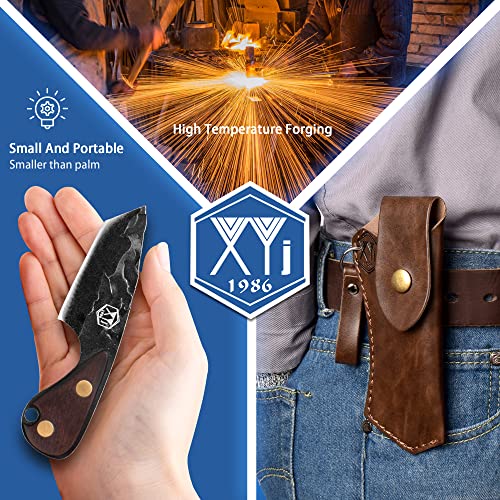 XYJ Authentic Since1986,Camping Pocket Knife With Leather Sheath,Stainless Steel Outdoor Chef Knives,Full Tang Camp Utility Knife,Black Small Portable Cutter (Style 4)