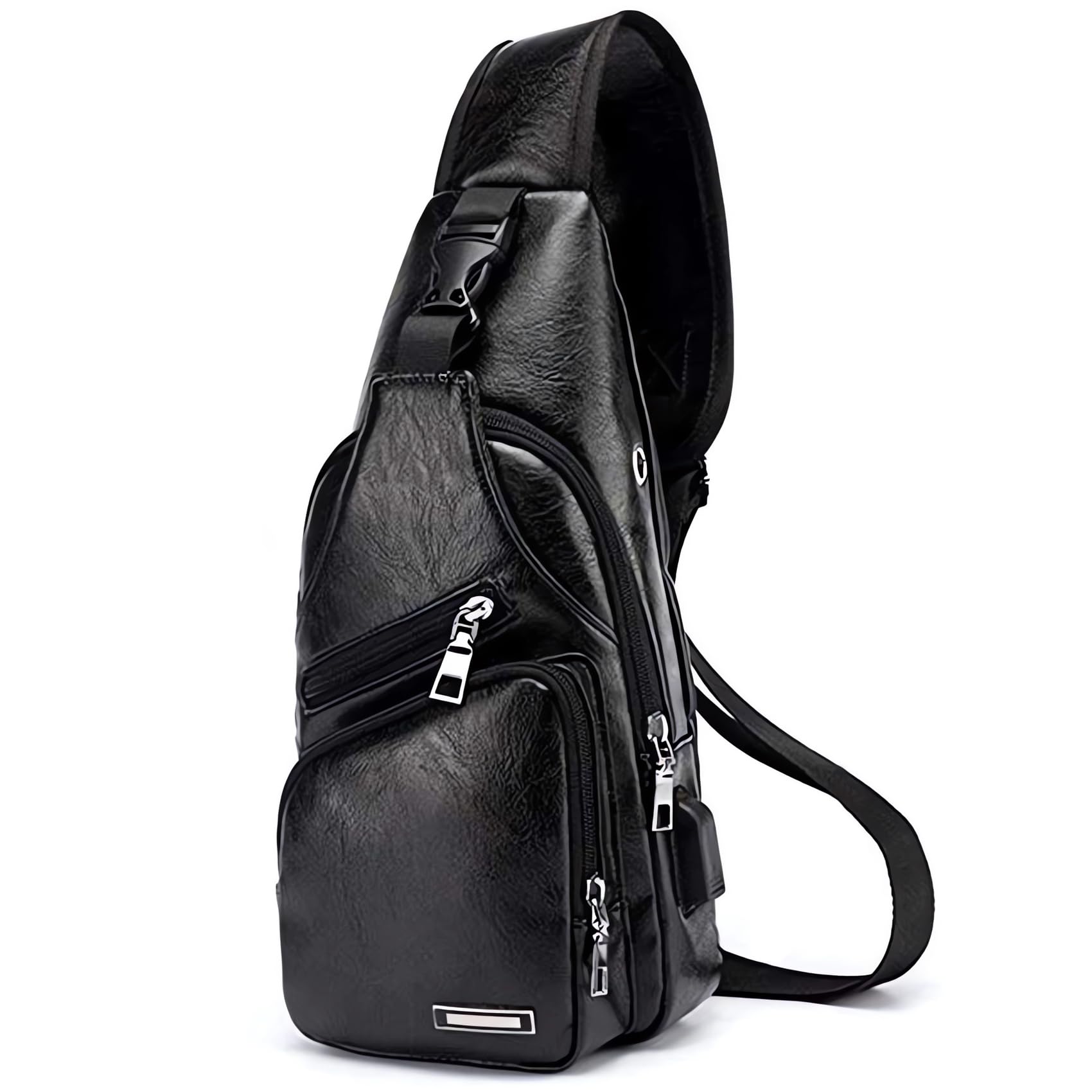 Seoky Rop Men's Leather Sling Bag Chest Crossbody Shoulder Bag with USB Charging Port Black
