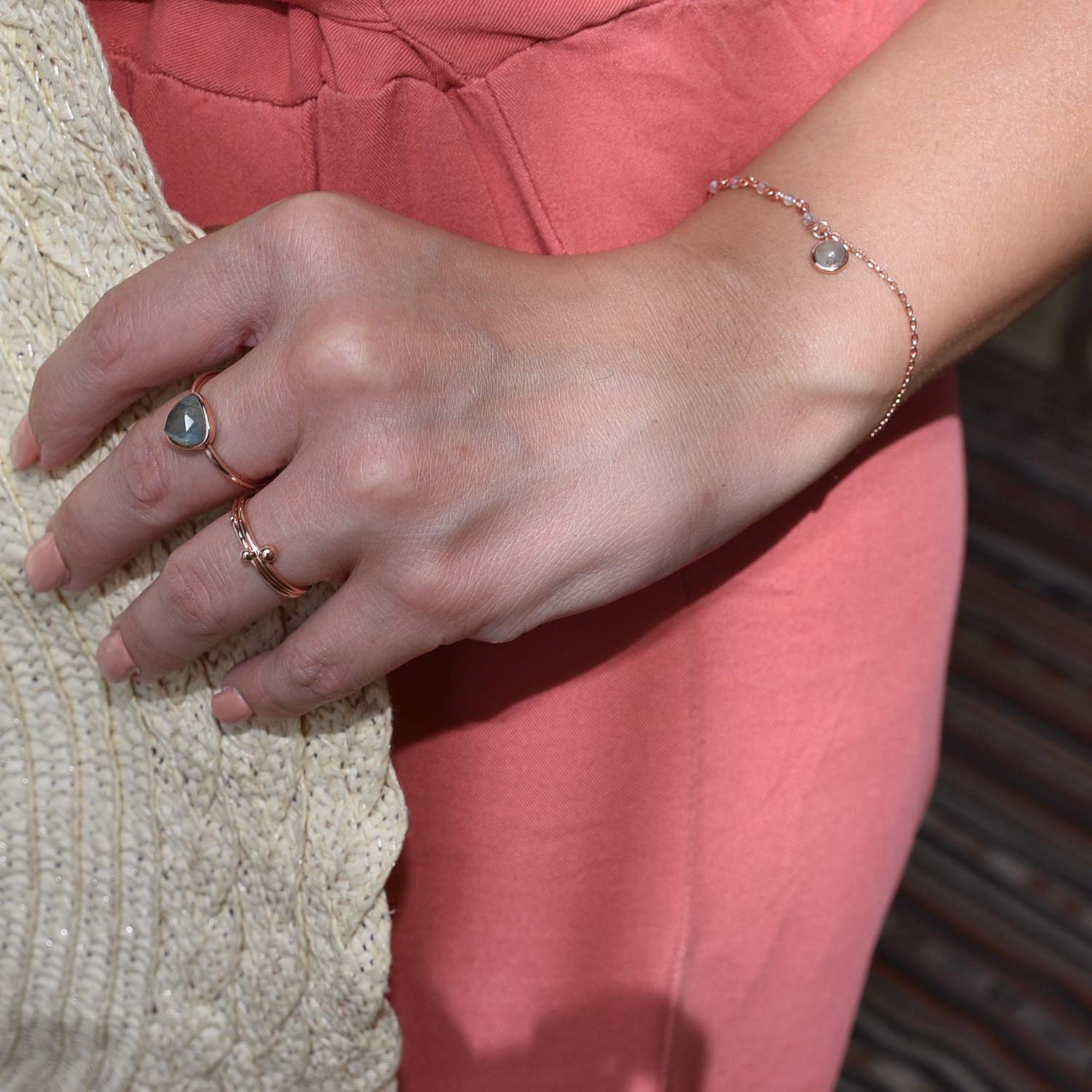 Rose Gold Bracelet [ 18K Vermeil ] Natural Grey Moonstone Dainty Charm