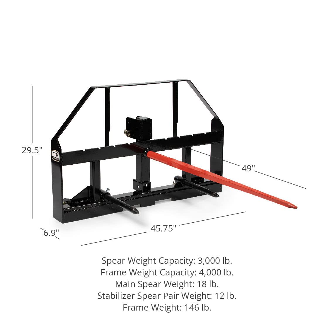 Titan Attachments Pallet Fork Frame Attachment with 49" Hay Spear and Stabilizers, Fits Cat I & II Tractors, Rated 4,000 LB
