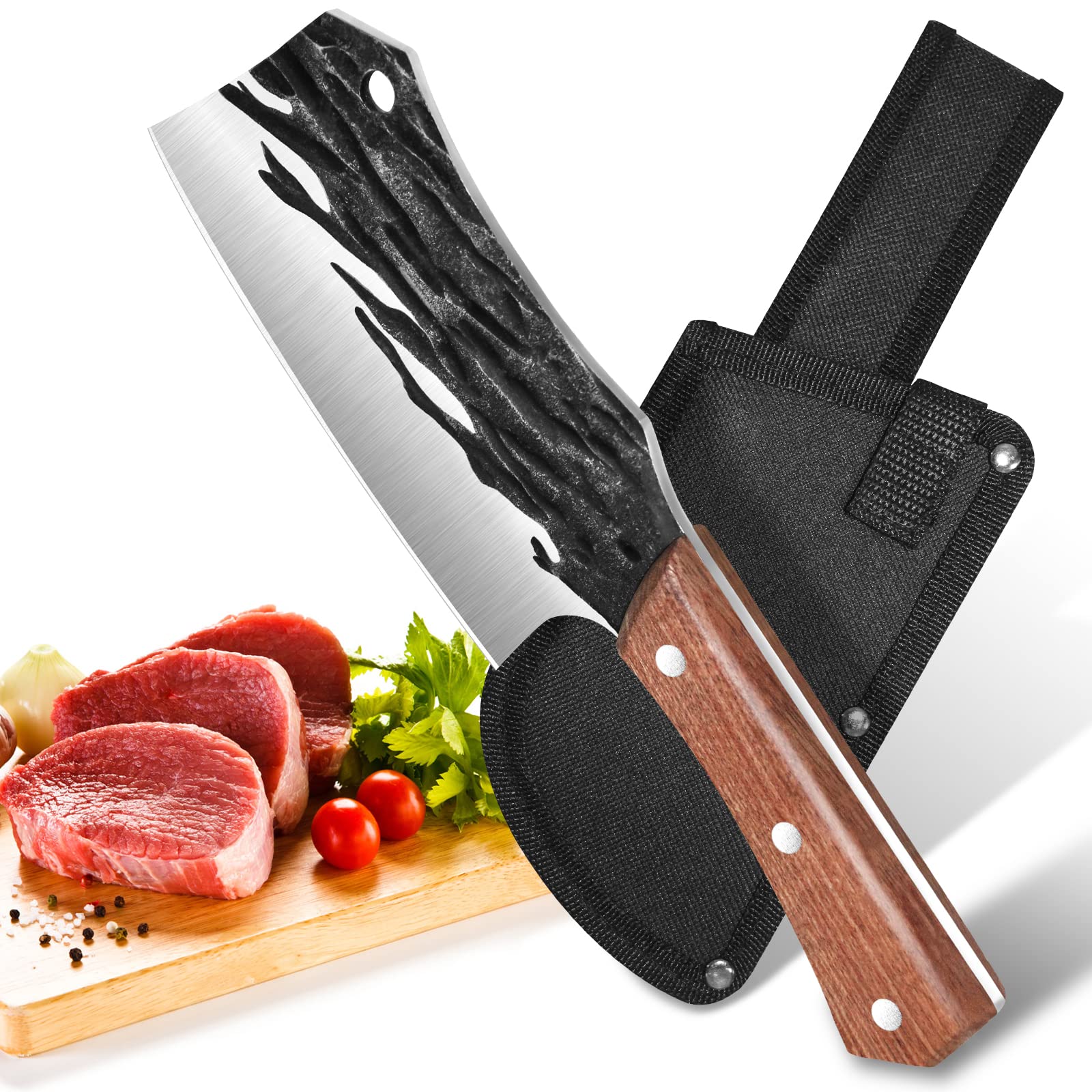UniqueFire Full Tang 5.8 Inch Meat Cleaver, Sharp Mini Chefs Knife, Carbon steel Handmade Blade, Perfect Outdoor Gift, Mini Camping Knife with Sheath for BBQ, Fishing, Hiking