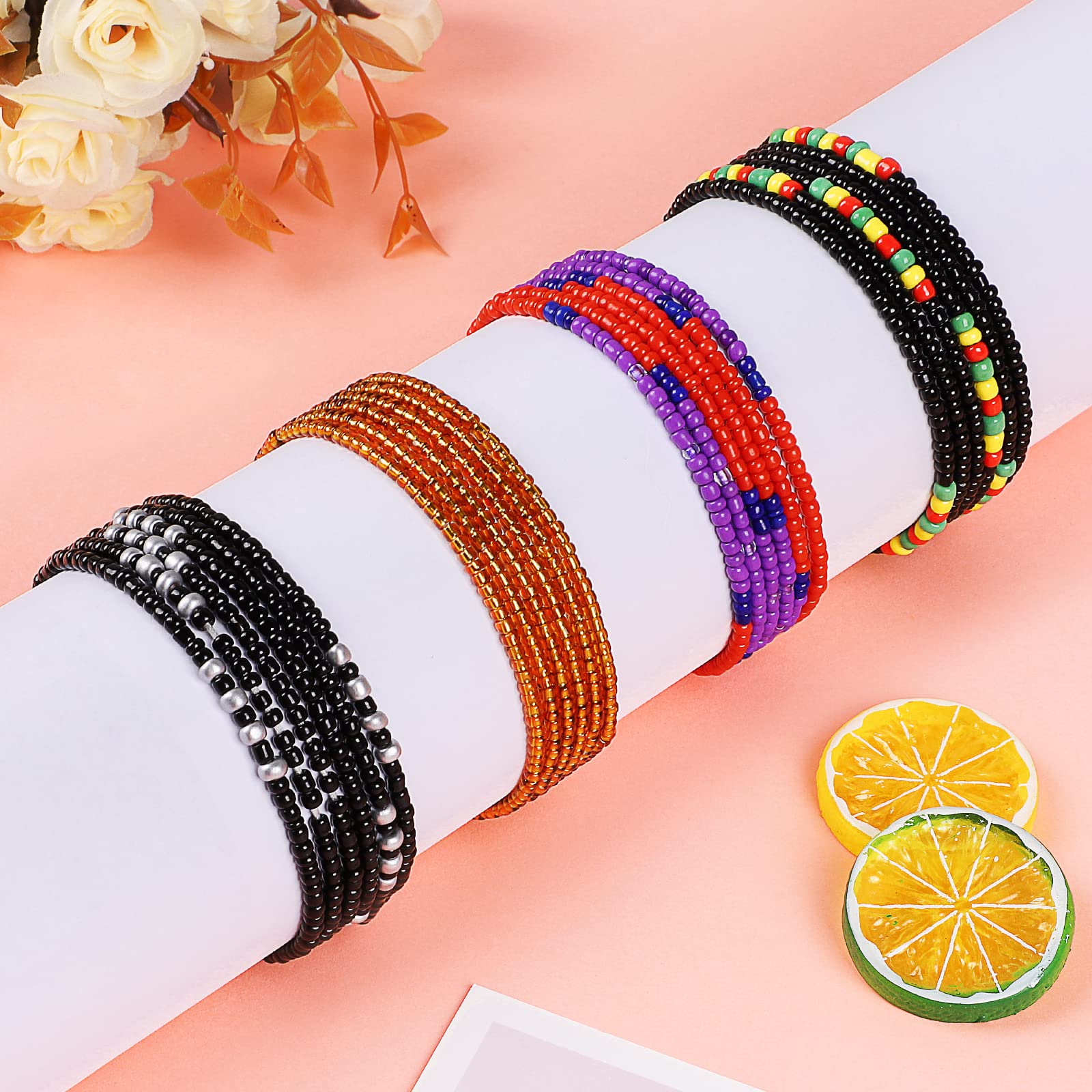 Teniinet 4PCS Glass 50β Handmade African Waist Beads for Women Non-Stretching(Tie-on)Multicolor