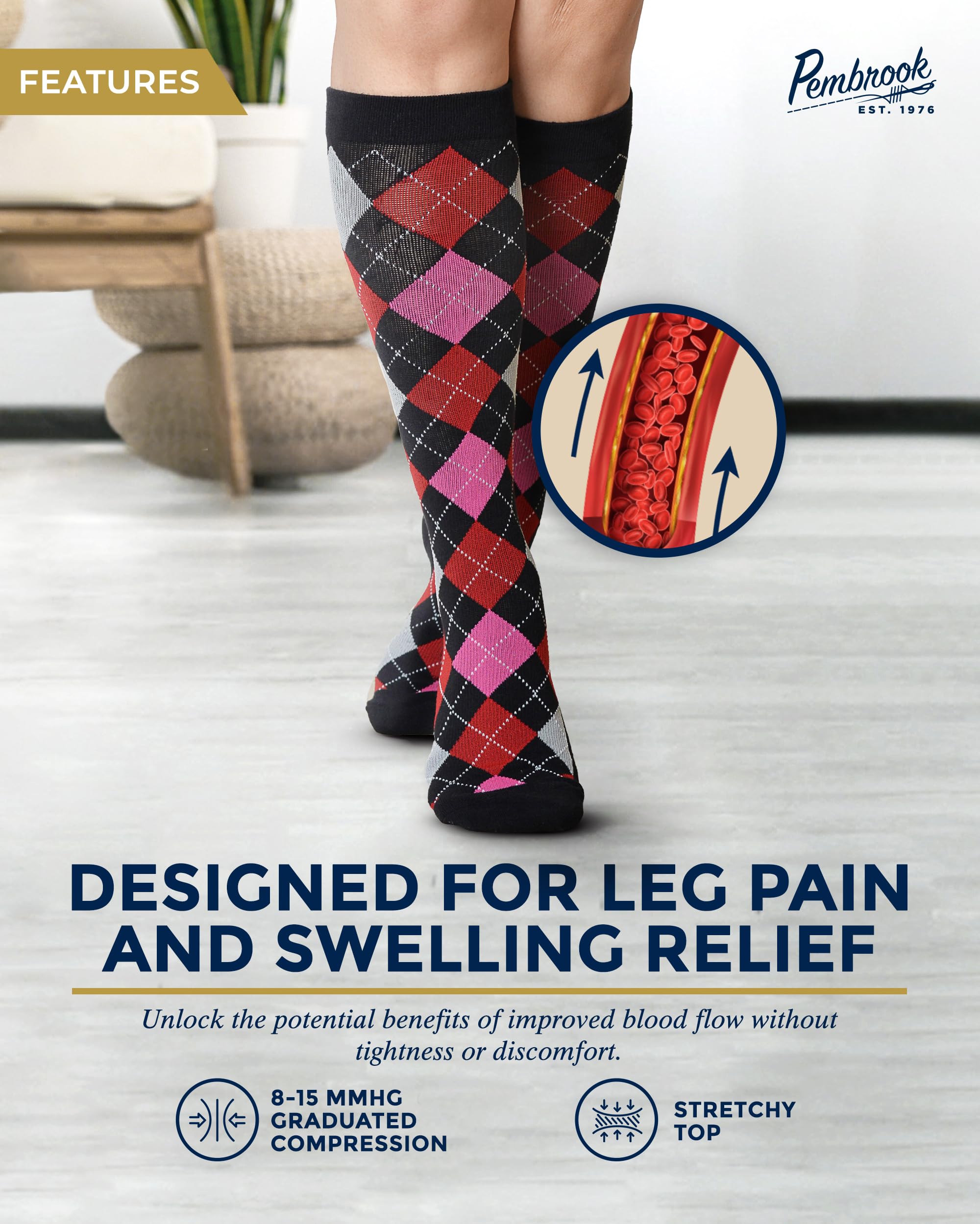Pembrook Light Compression Socks for Women - 6 Pairs | 8-15 mmHg Compression Socks Women | Polkadots, Polkadots, Argyle, Striped Compression Socks Women | Cotton Compression Socks for Women